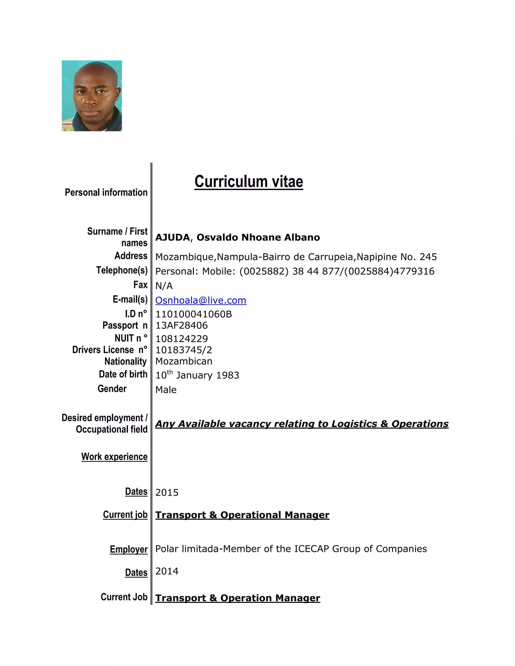 Osvaldo Ajuda C.V.-English | PDF