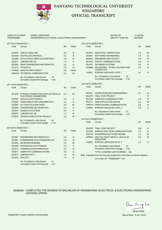 Erwin Junfryono's NTU transcript | PDF | Educational Assessment | Education