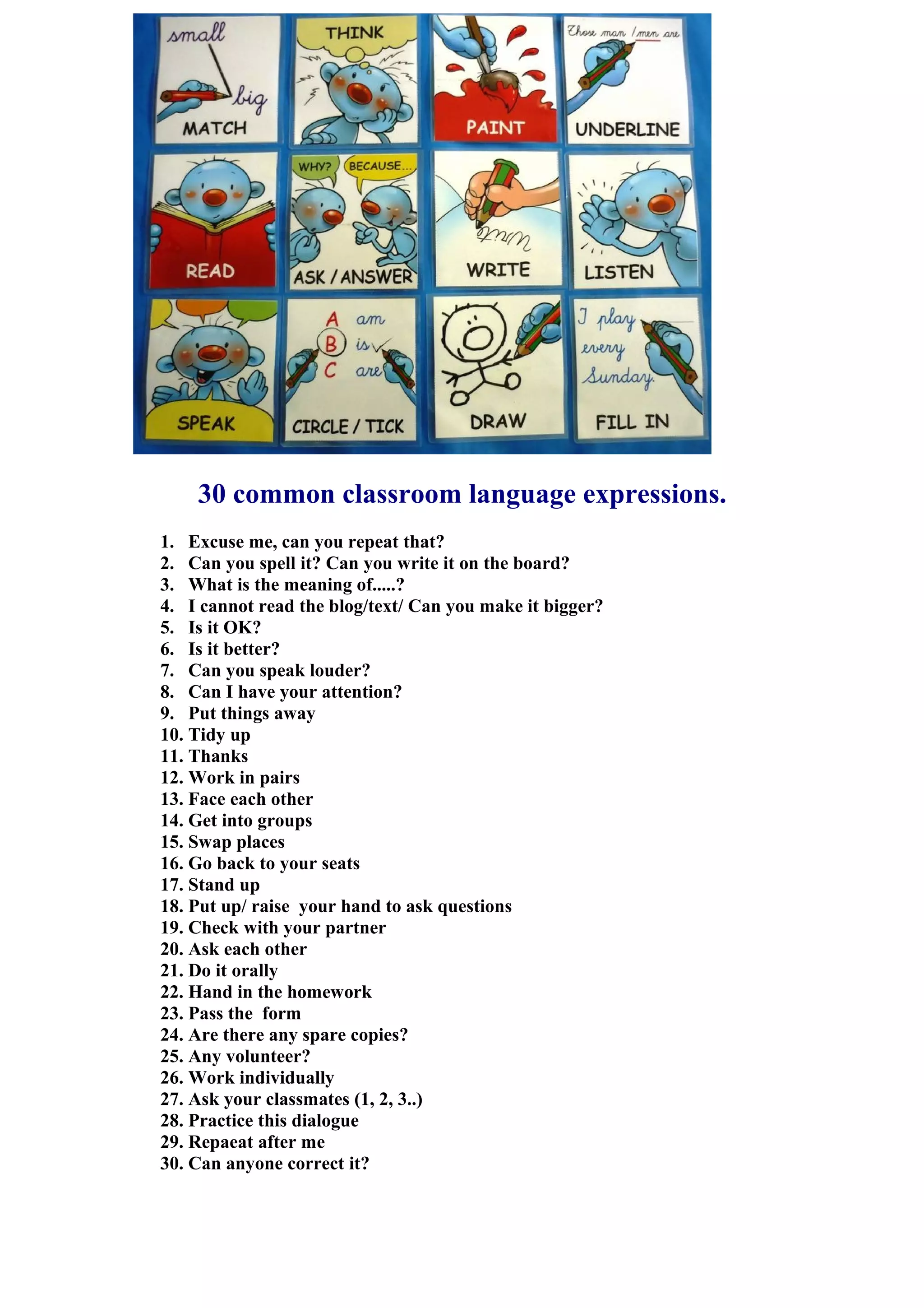 30 common classroom language expressions | DOC