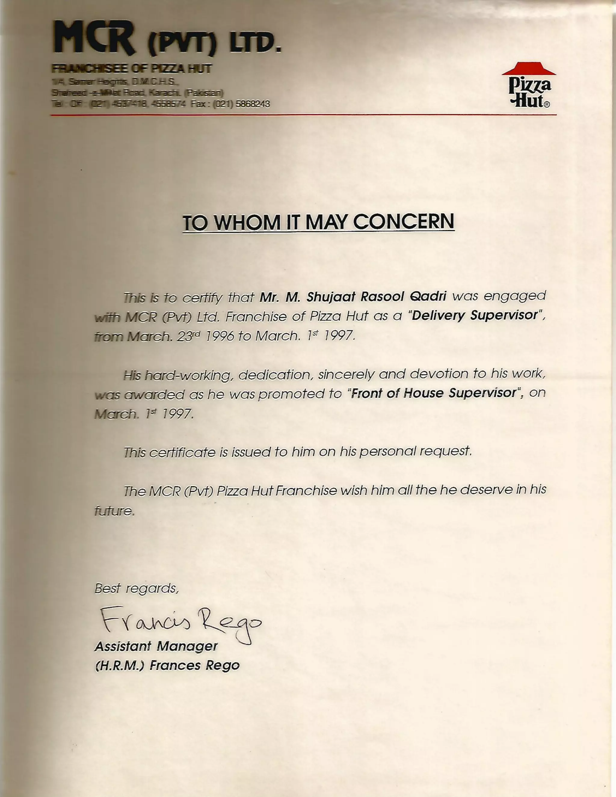 5---PIZZA HUT PAKISTAN CERTIF --DOU ALL CERTIF | PDF