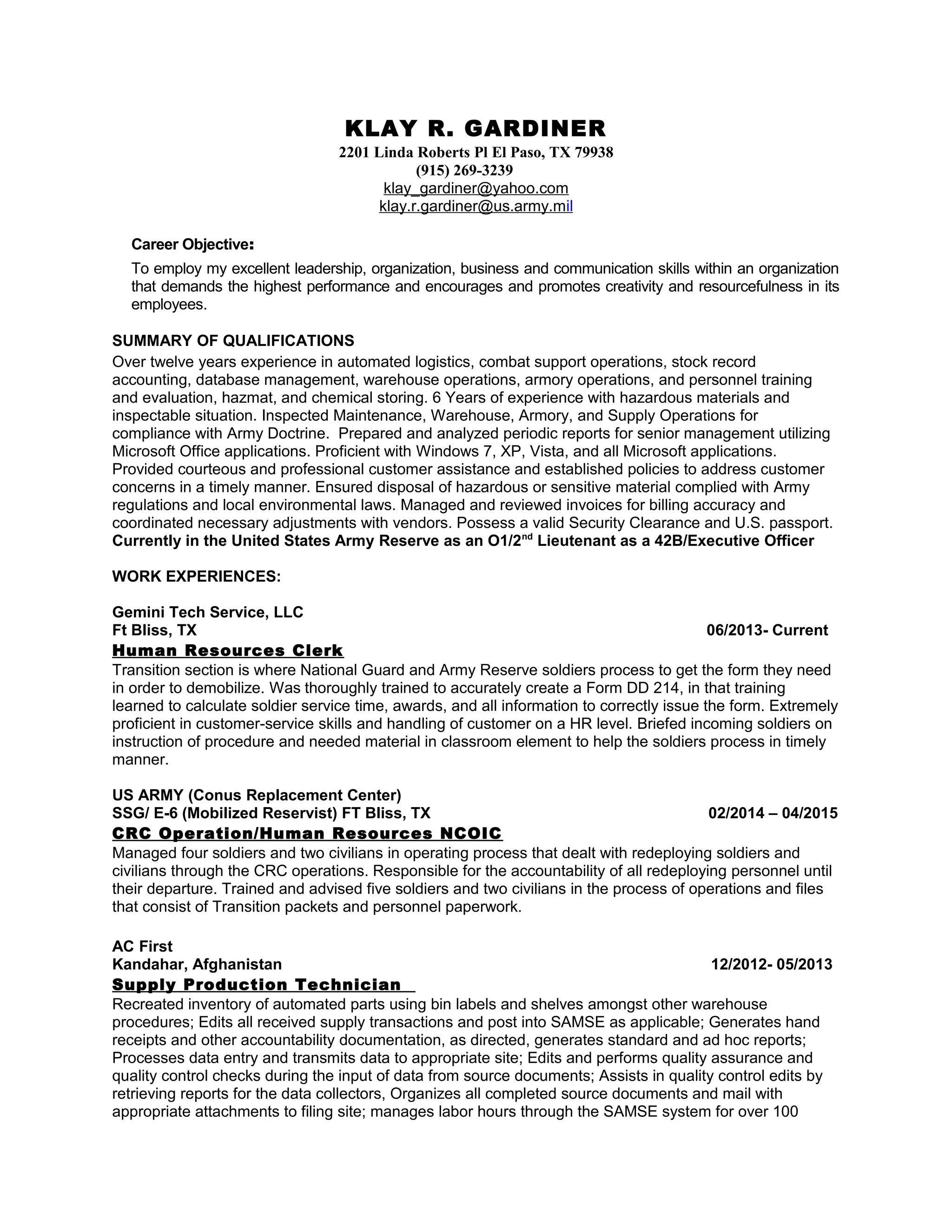 GardinerK Resume2015 | DOC | Arms & Ammunition | Sensitive Topics