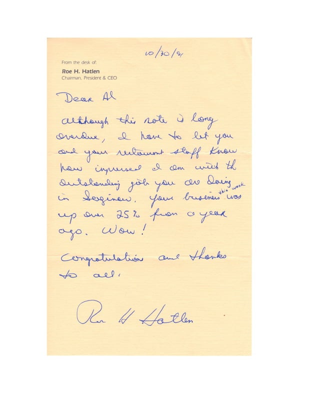 Al Gage Handwritten letter from CEO Roe Hatlen, OCB | DOC