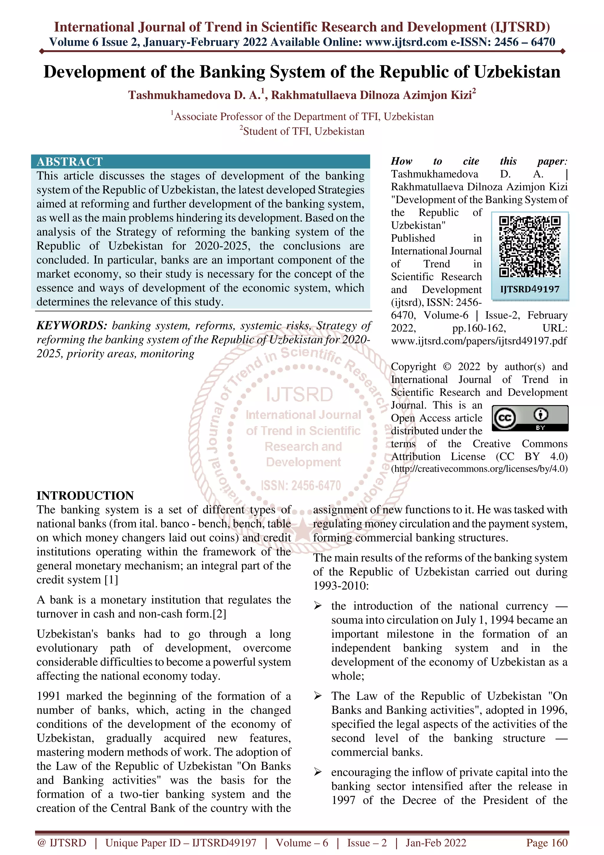 Development of the Banking System of the Republic of Uzbekistan | PDF