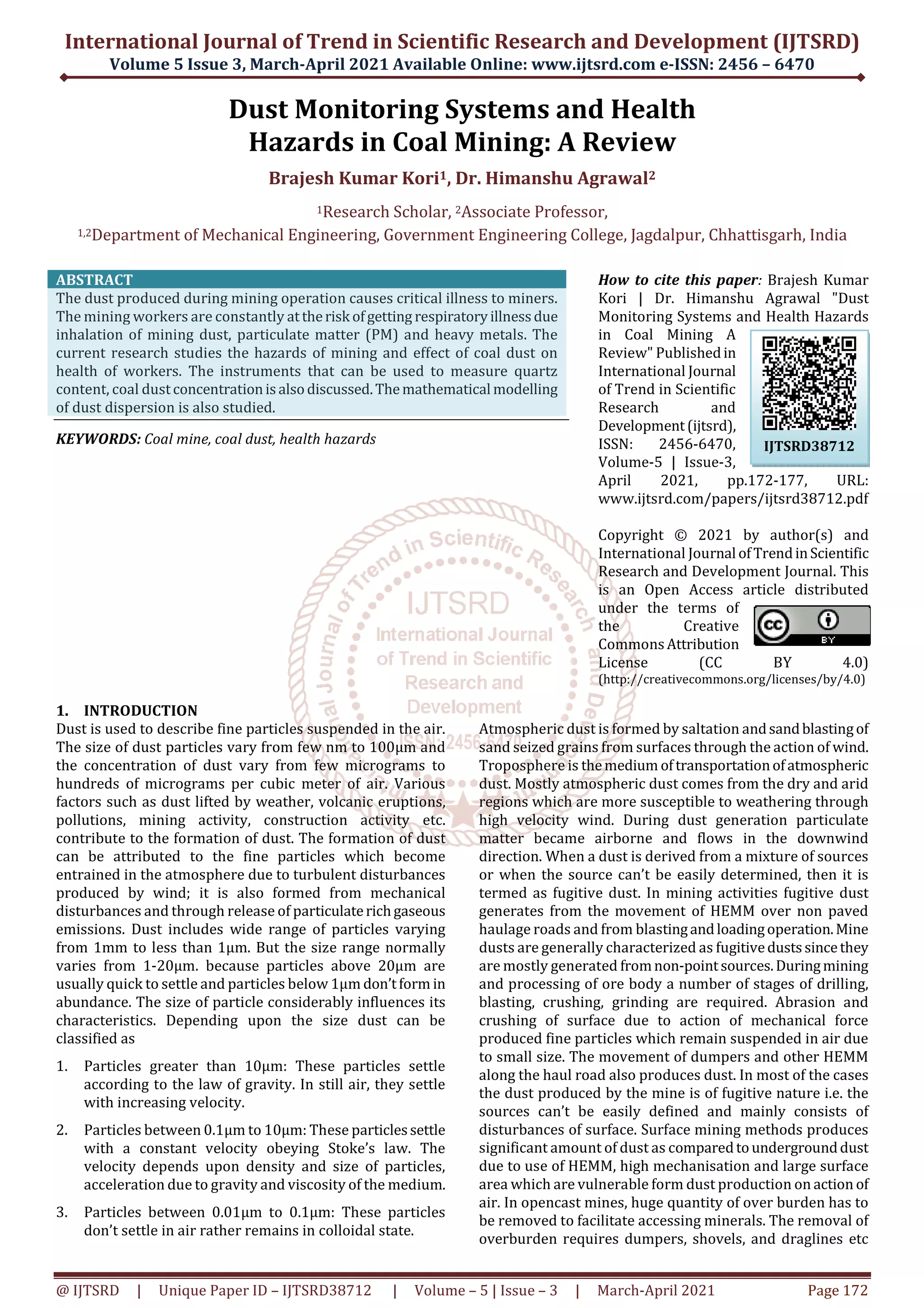 Dust Monitoring Systems and Health Hazards in Coal Mining A Review | PDF
