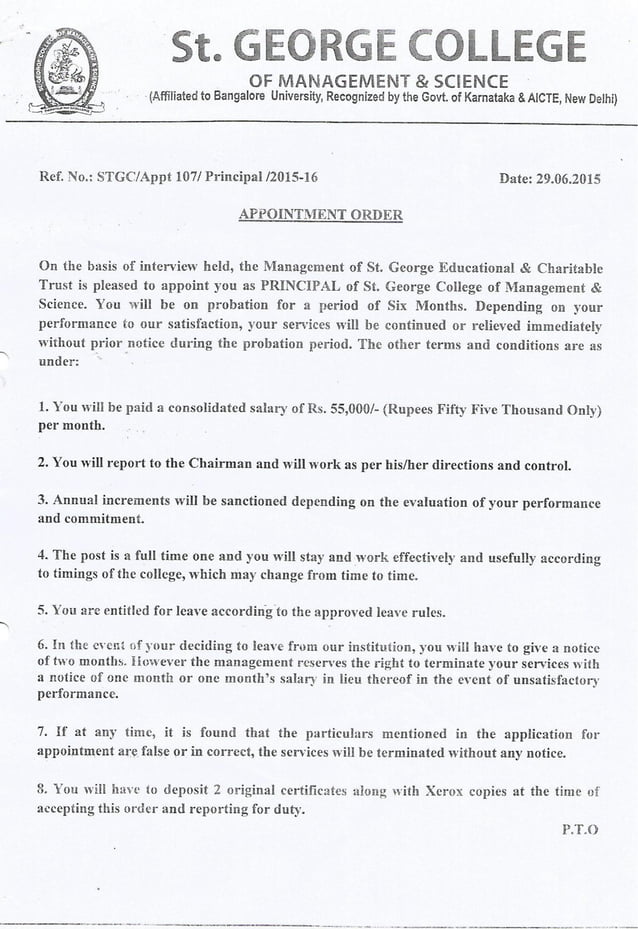 Appoint ment letter of St. George college | PDF