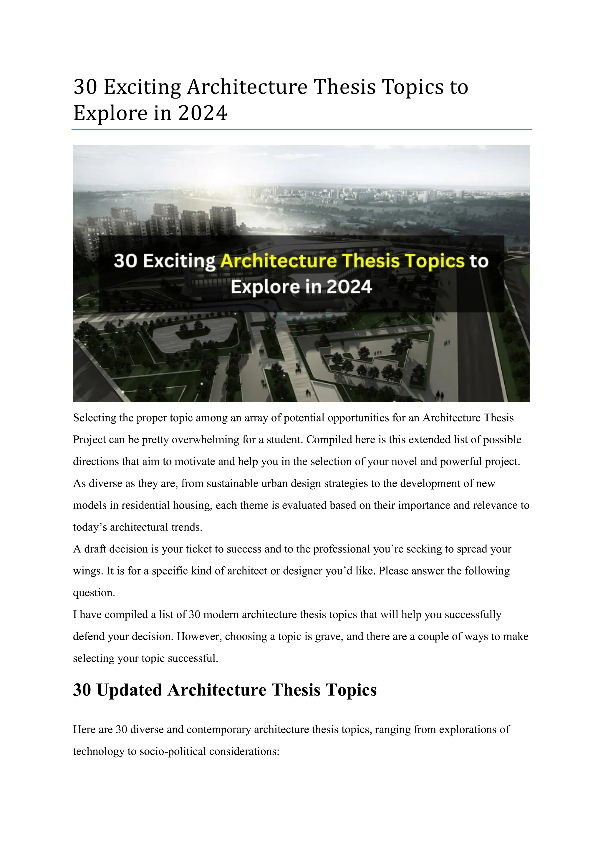30 Exciting Architecture Thesis Topics to Explore in 2024. | PDF