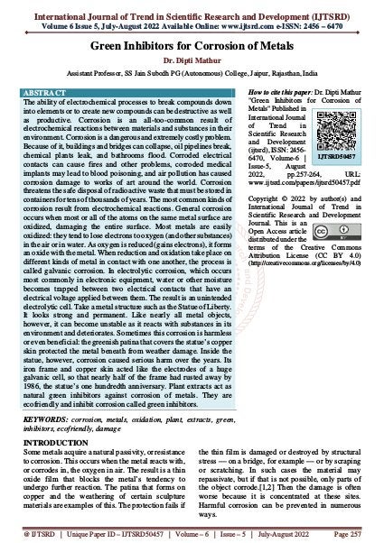 Green Inhibitors for Corrosion of Metals | PDF