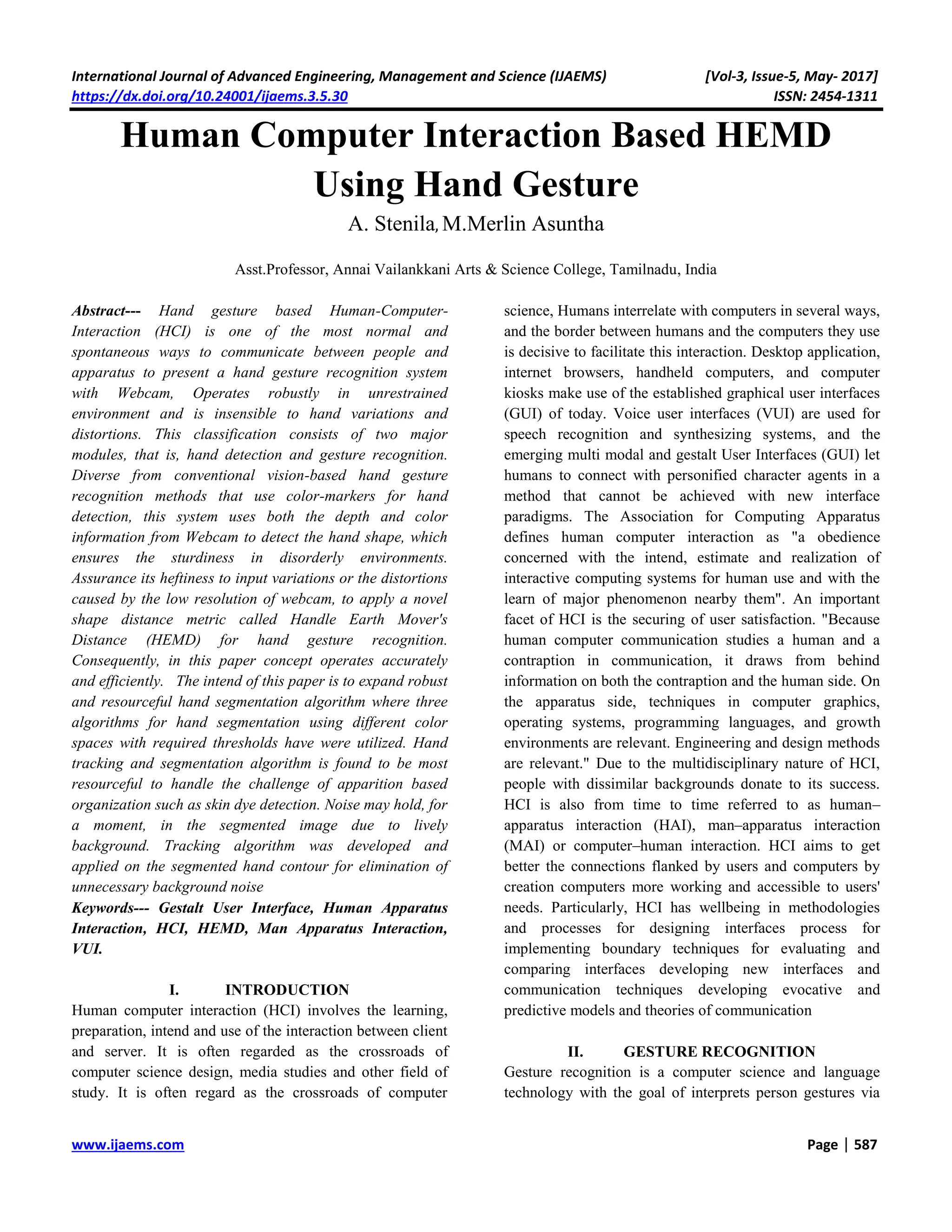 Human Computer Interaction Based HEMD Using Hand Gesture | PDF