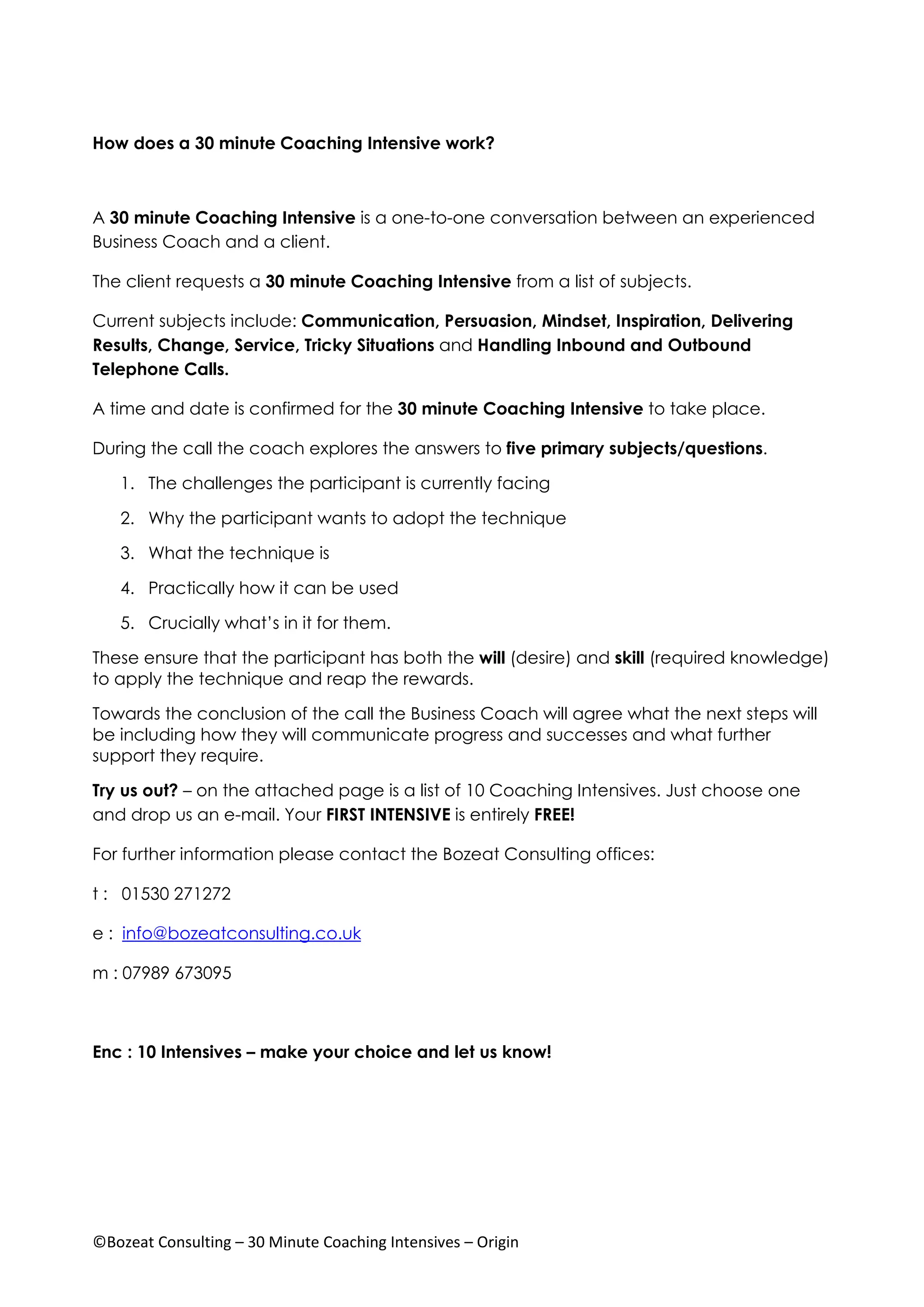 30 minute coaching intensives origin | PDF