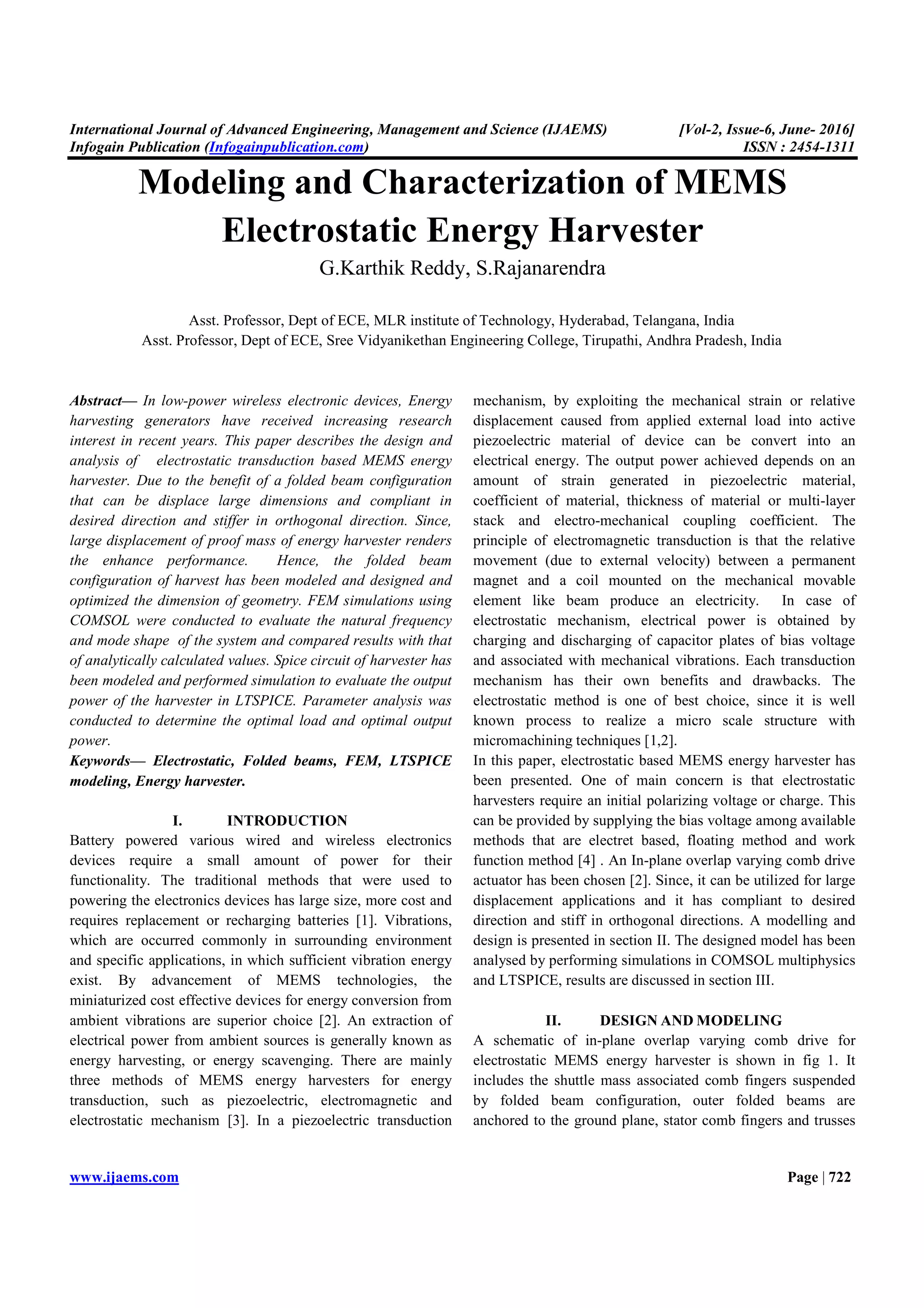 Modeling And Characterization Of Mems Electrostatic Energy Harvester Pdf