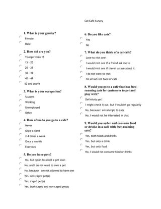30 Survey Questions on Cat Cafe | DOCX