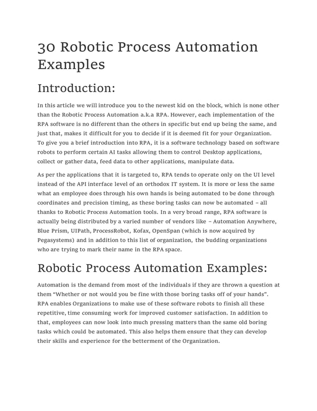 30 robotic process automation examples | DOCX | Robotics | Technology ...