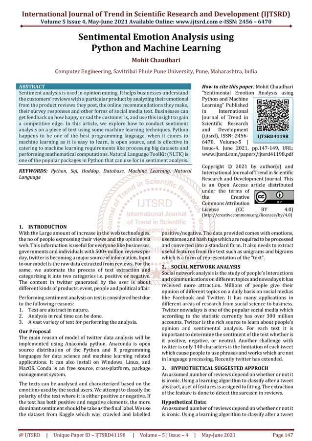 Sentimental Emotion Analysis using Python and Machine Learning | PDF