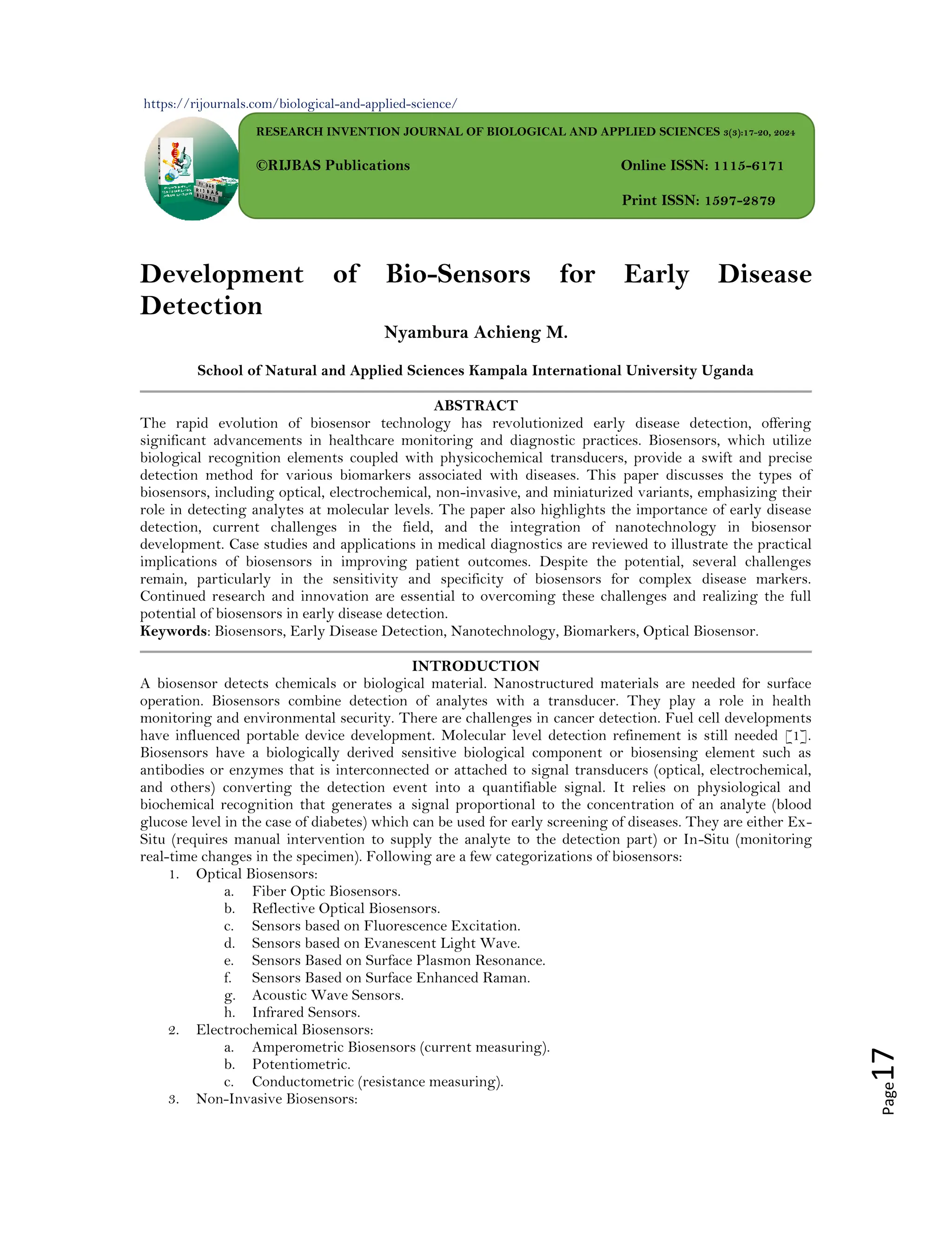 Development of Bio-Sensors for Early Disease Detection (www.kiu.ac.ug) | PDF | Chemistry | Science