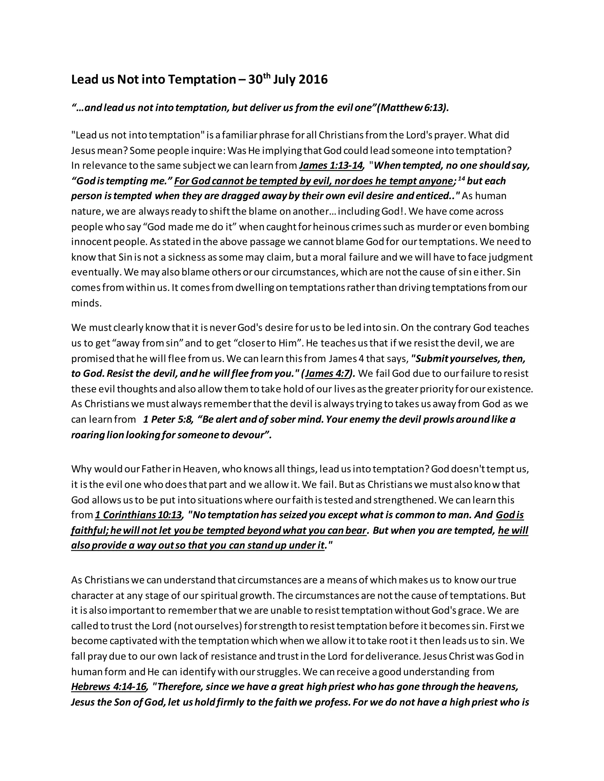 30th July 2016 - Lead us not into temptation... | DOCX