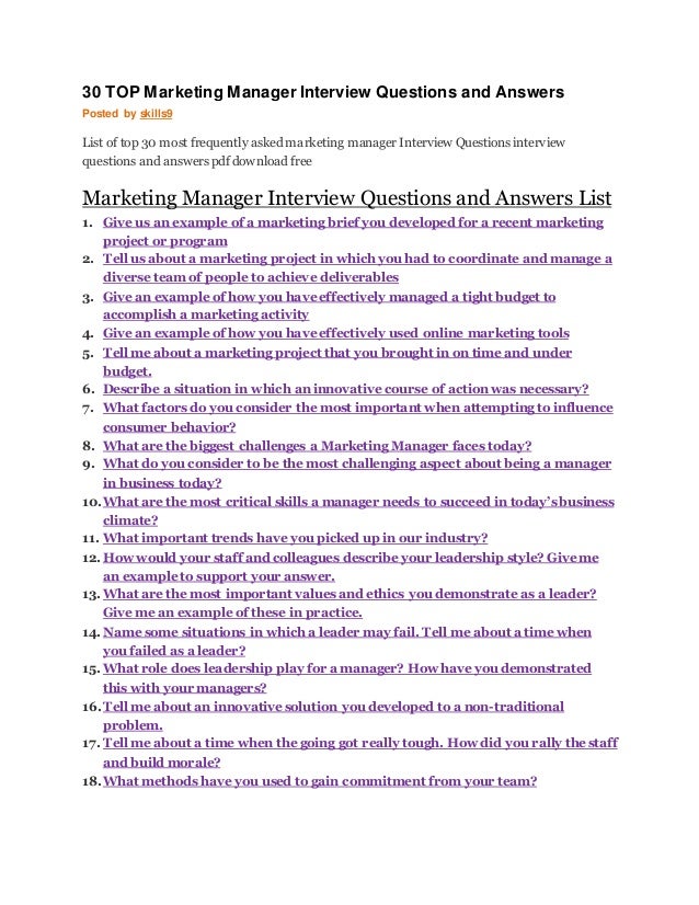 30 Top Marketing Manager Interview Questions And Answers 30 Top Marketing Manager Interview Questions And Answers