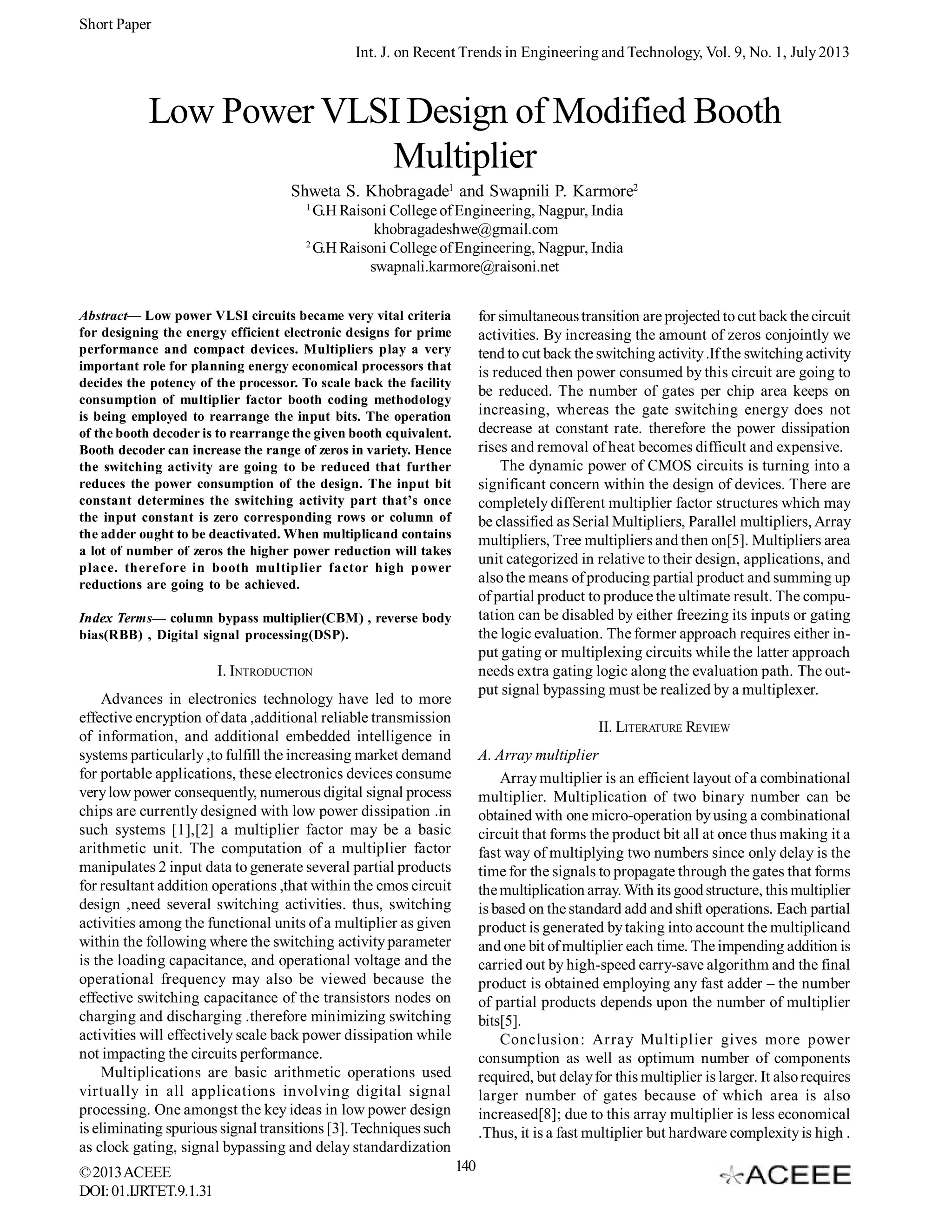 Low Power VLSI Design of Modified Booth Multiplier | PDF