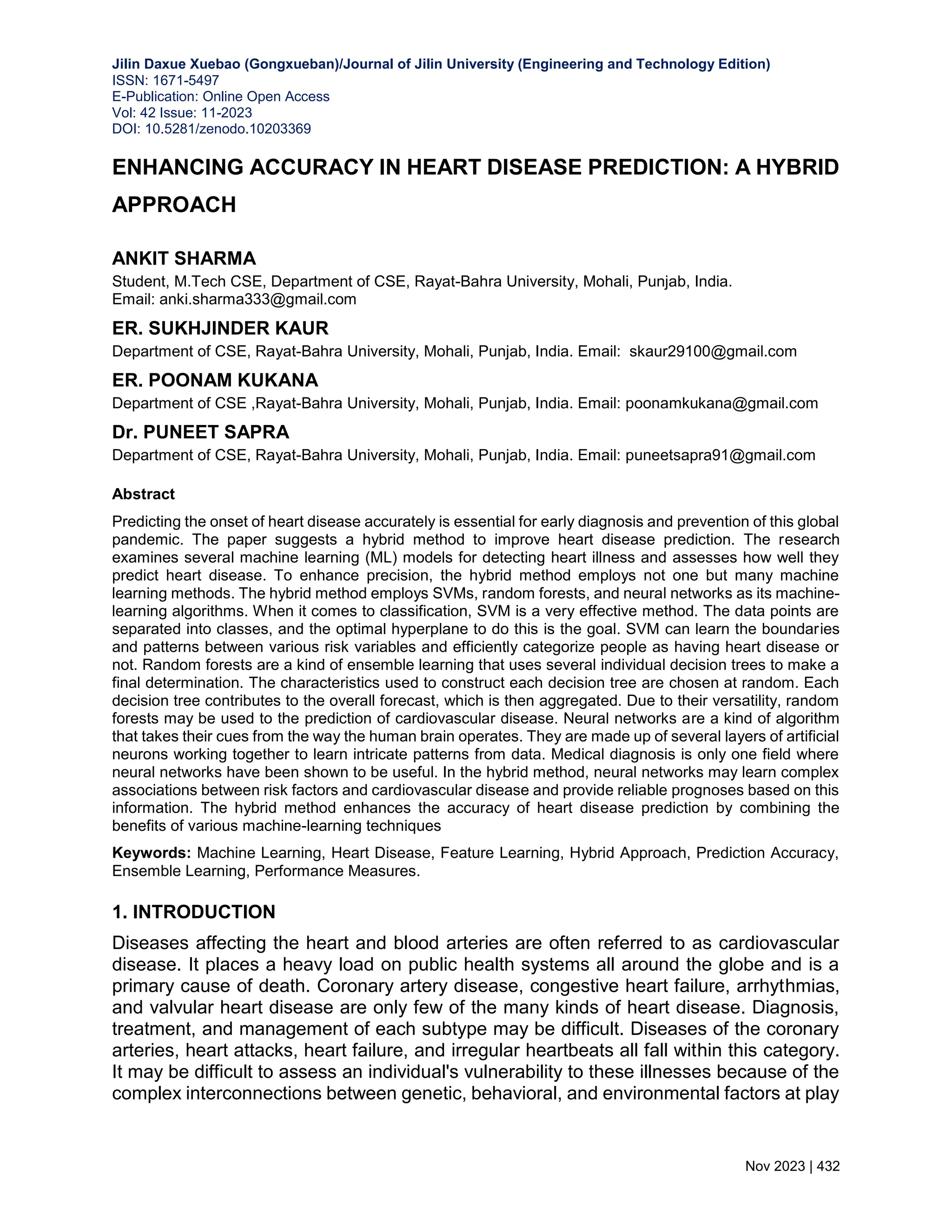 ENHANCING ACCURACY IN HEART DISEASE PREDICTION: A HYBRID APPROACH | PDF