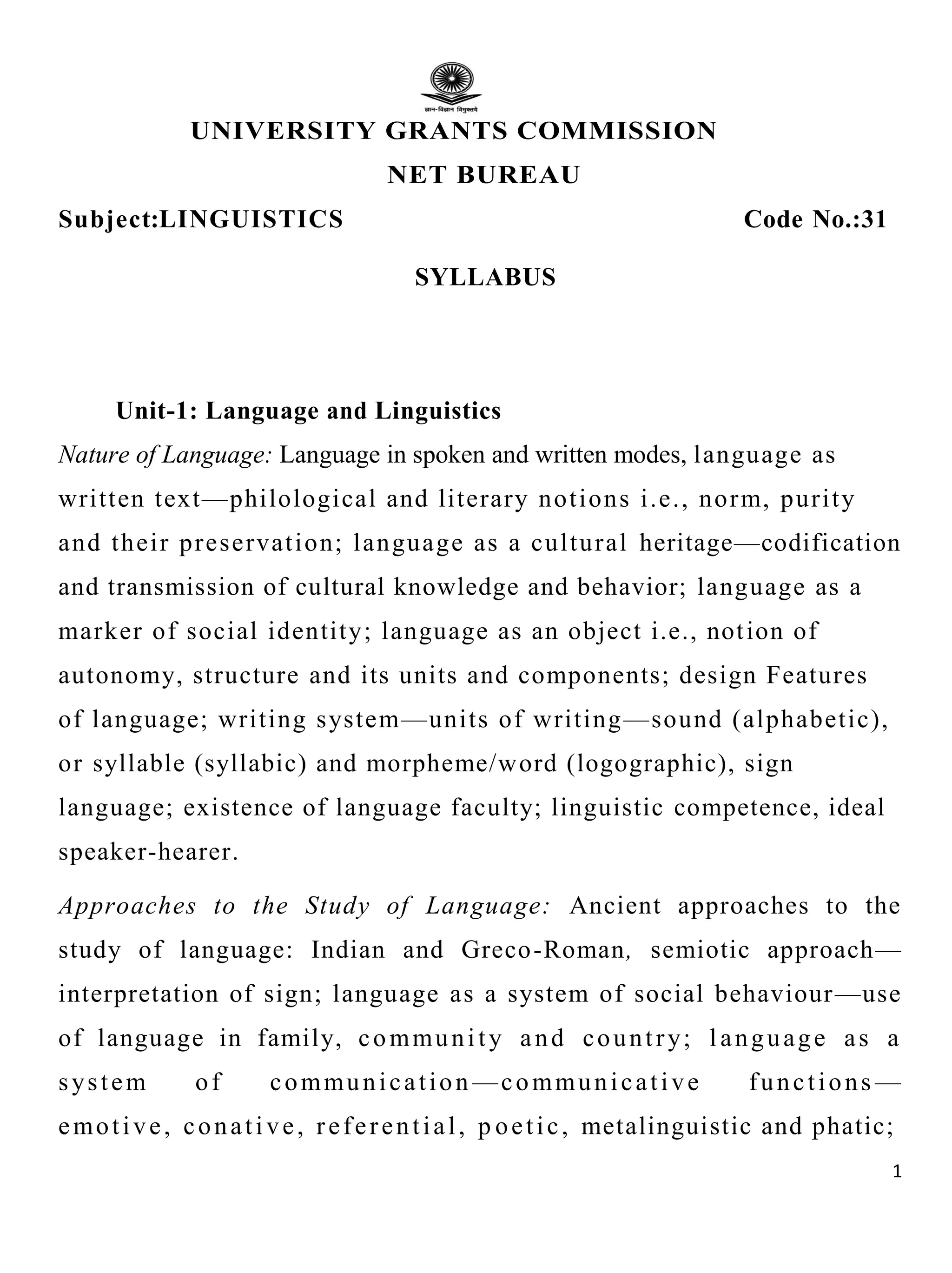 NTA UGC NET JRF - 31 linguistic-new updated syllabus | PDF