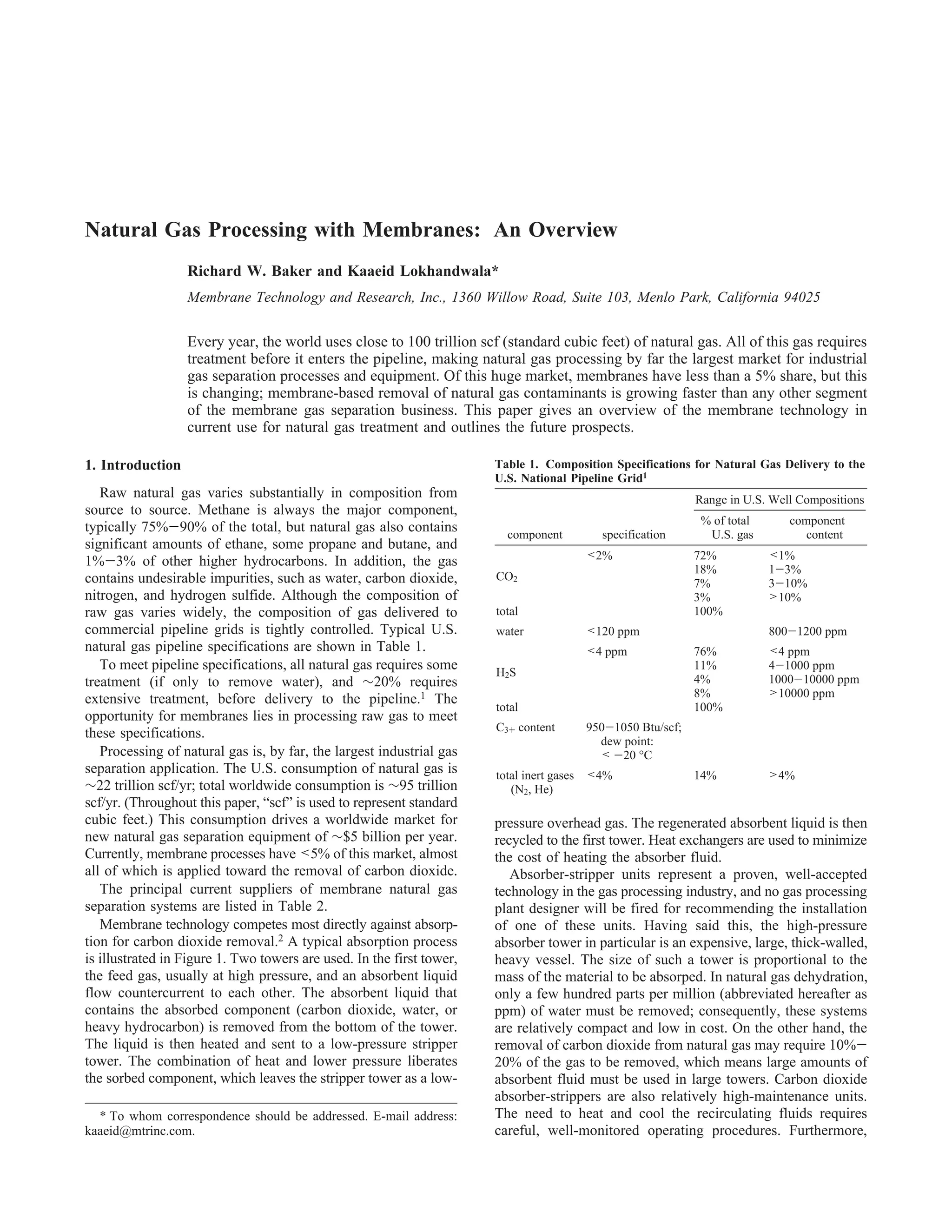 Natural Gas Processing with Membranes: An Overview | PDF