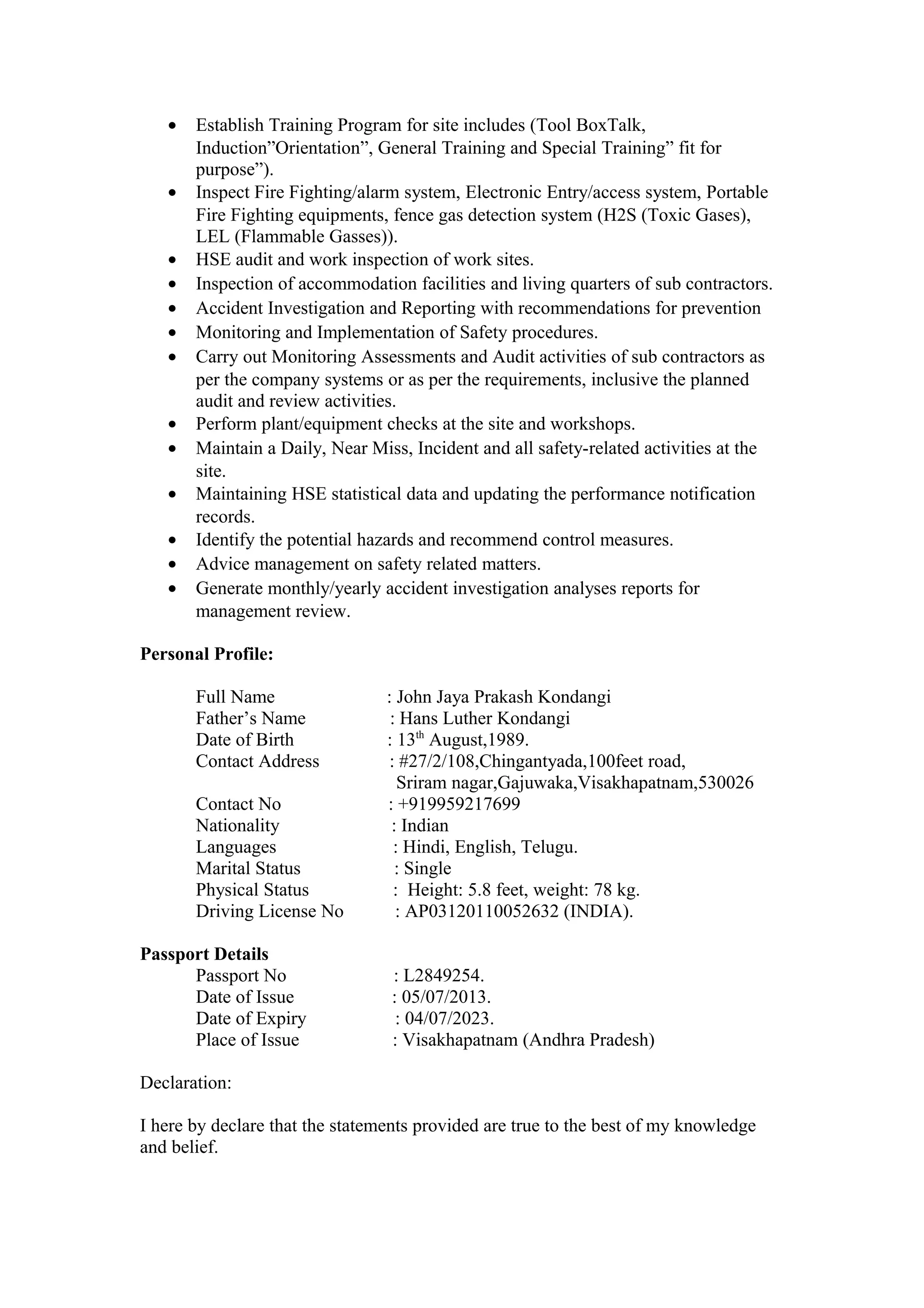 HSE OFFICER JOHN | DOC | Civil Engineering Industry | Industries