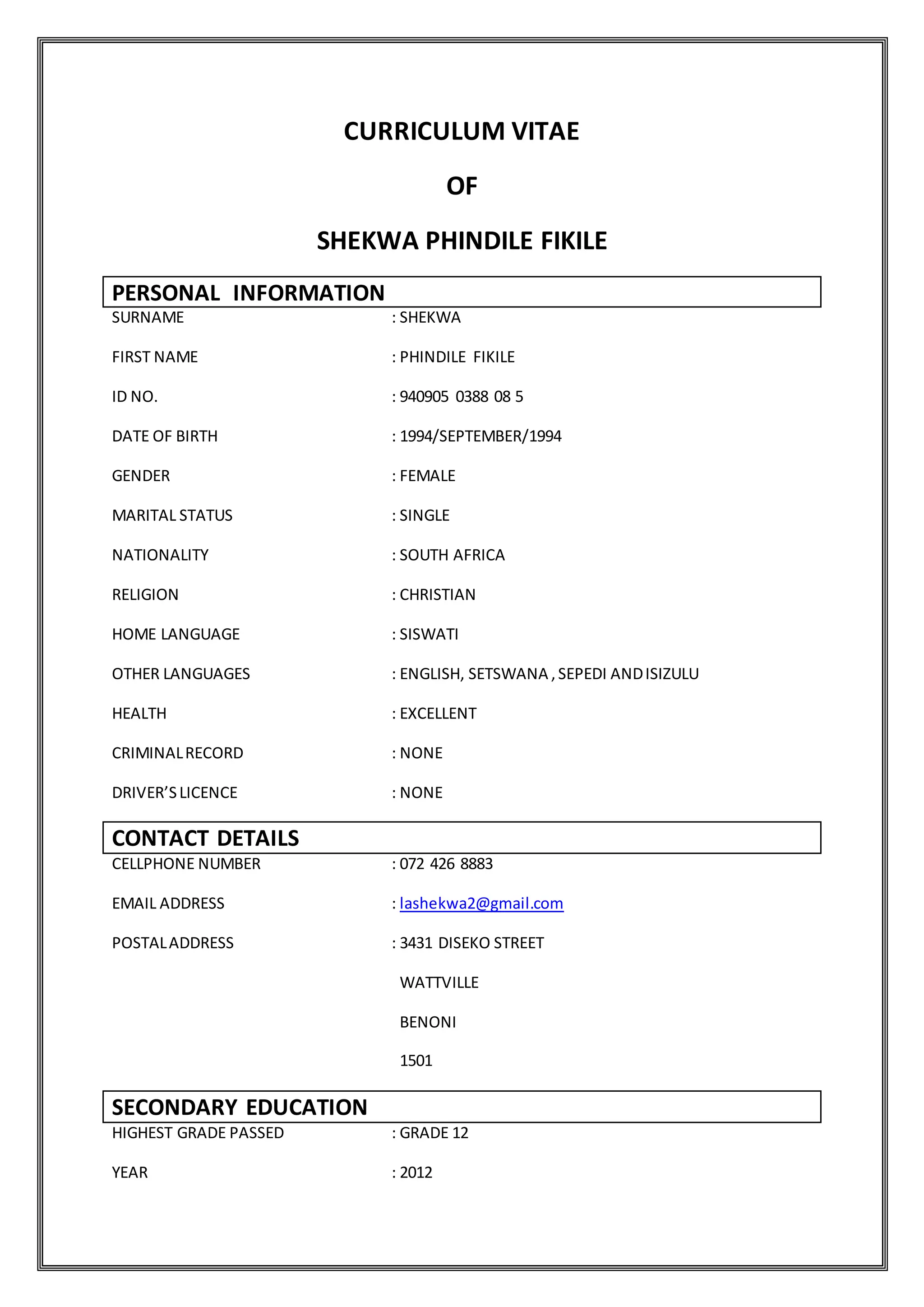 SHEKWA PF CV | DOCX