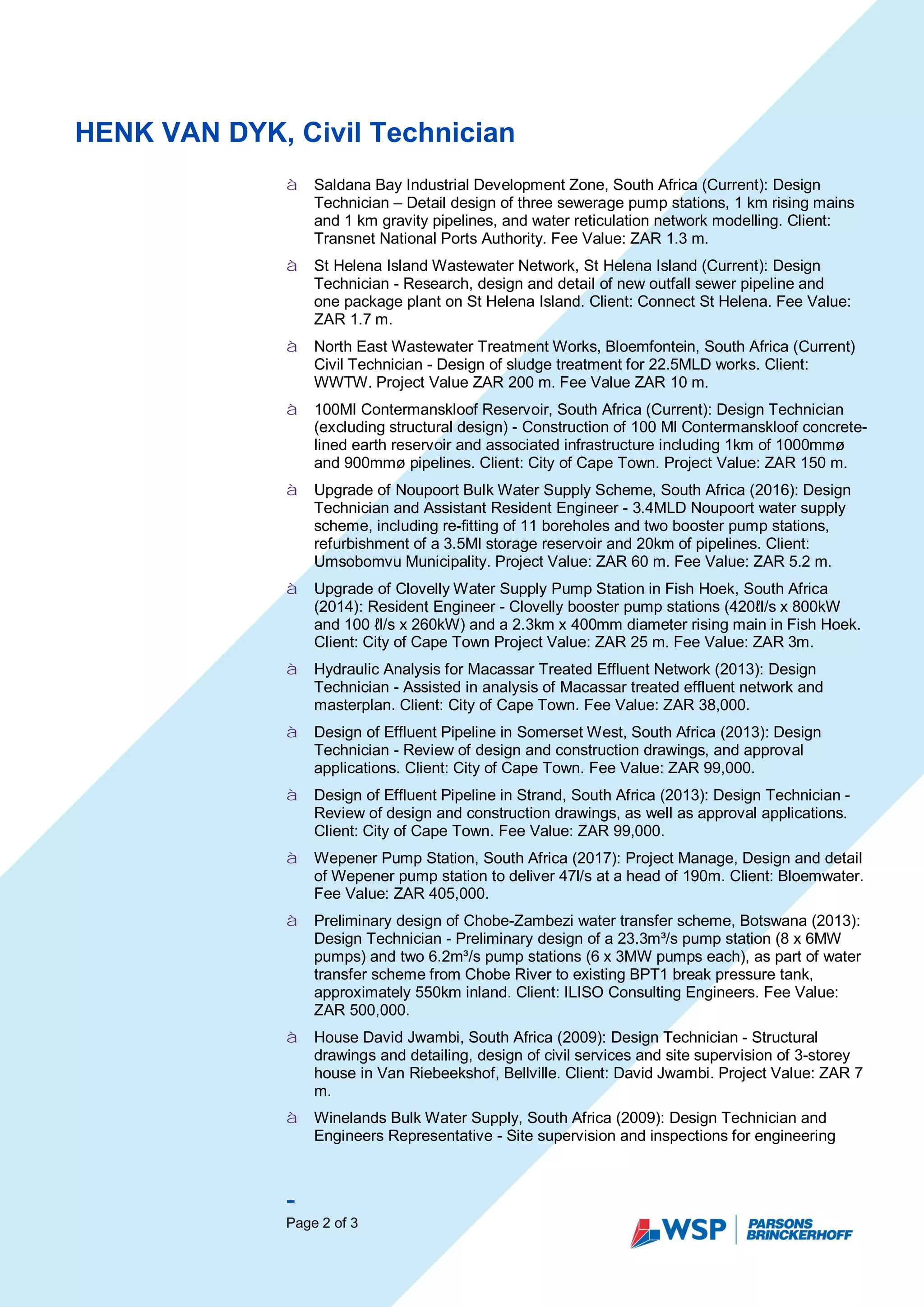 Van Dyk H - WSP PB Master CV | PDF | Africa Travel | Travel Locations