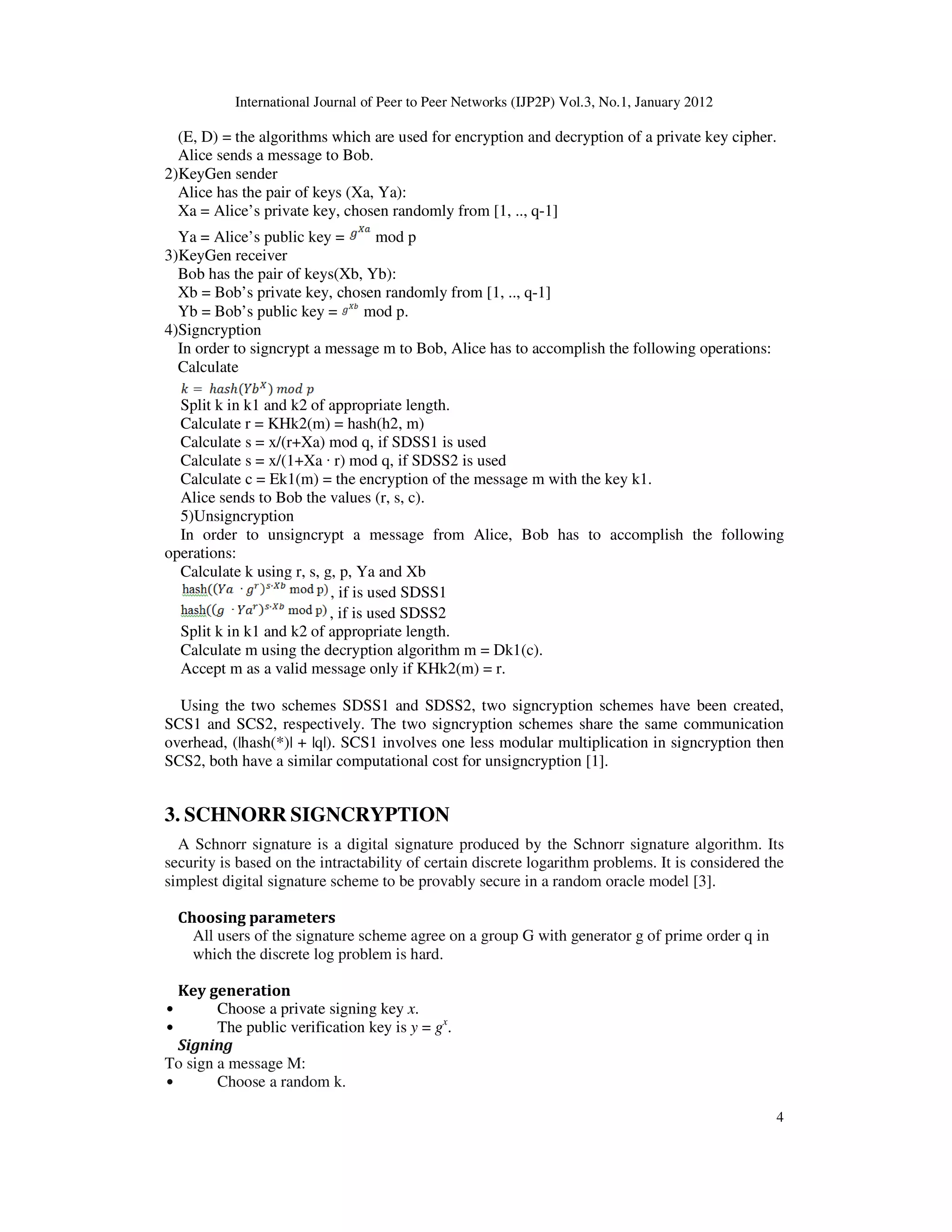 SIGNCRYPTION SCHEME BASED ON SCHNORR DIGITAL SIGNATURE | PDF