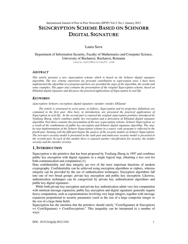 SIGNCRYPTION SCHEME BASED ON SCHNORR DIGITAL SIGNATURE | PDF