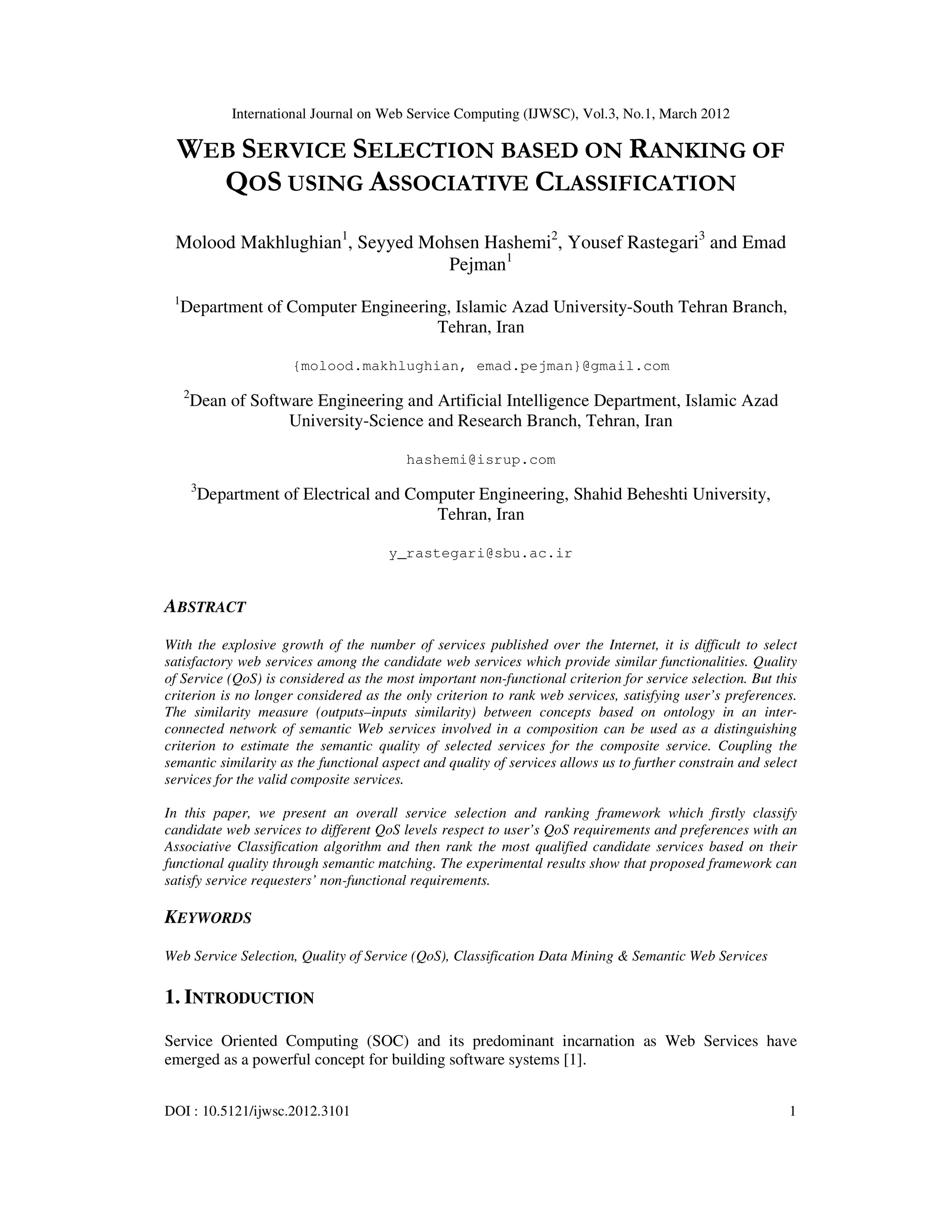Web Service Selection Based On Ranking Of Qos Using Associative Classification Pdf