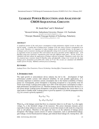 LEAKAGE POWER REDUCTION AND ANALYSIS OF CMOS SEQUENTIAL CIRCUITS | PDF