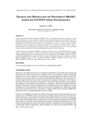 DESIGN AND MODELLING OF DIFFERENT SRAM’S BASED ON CNTFET 32NM TECHNOLOGY | PDF