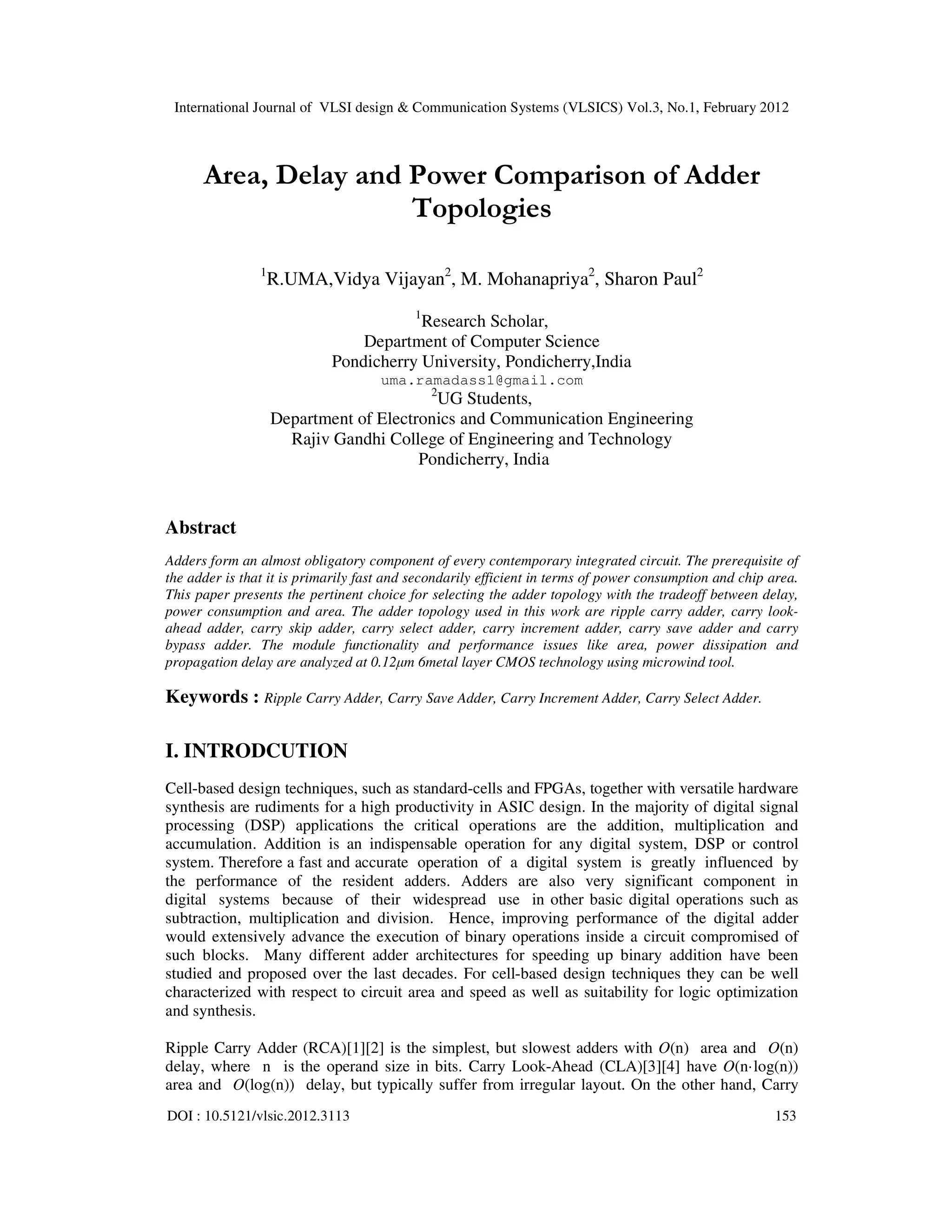 Area, Delay and Power Comparison of Adder Topologies | PDF | Computing | Technology & Computing