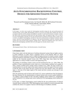 Anti-Synchronizing Backstepping Control Design for Arneodo Chaotic ...