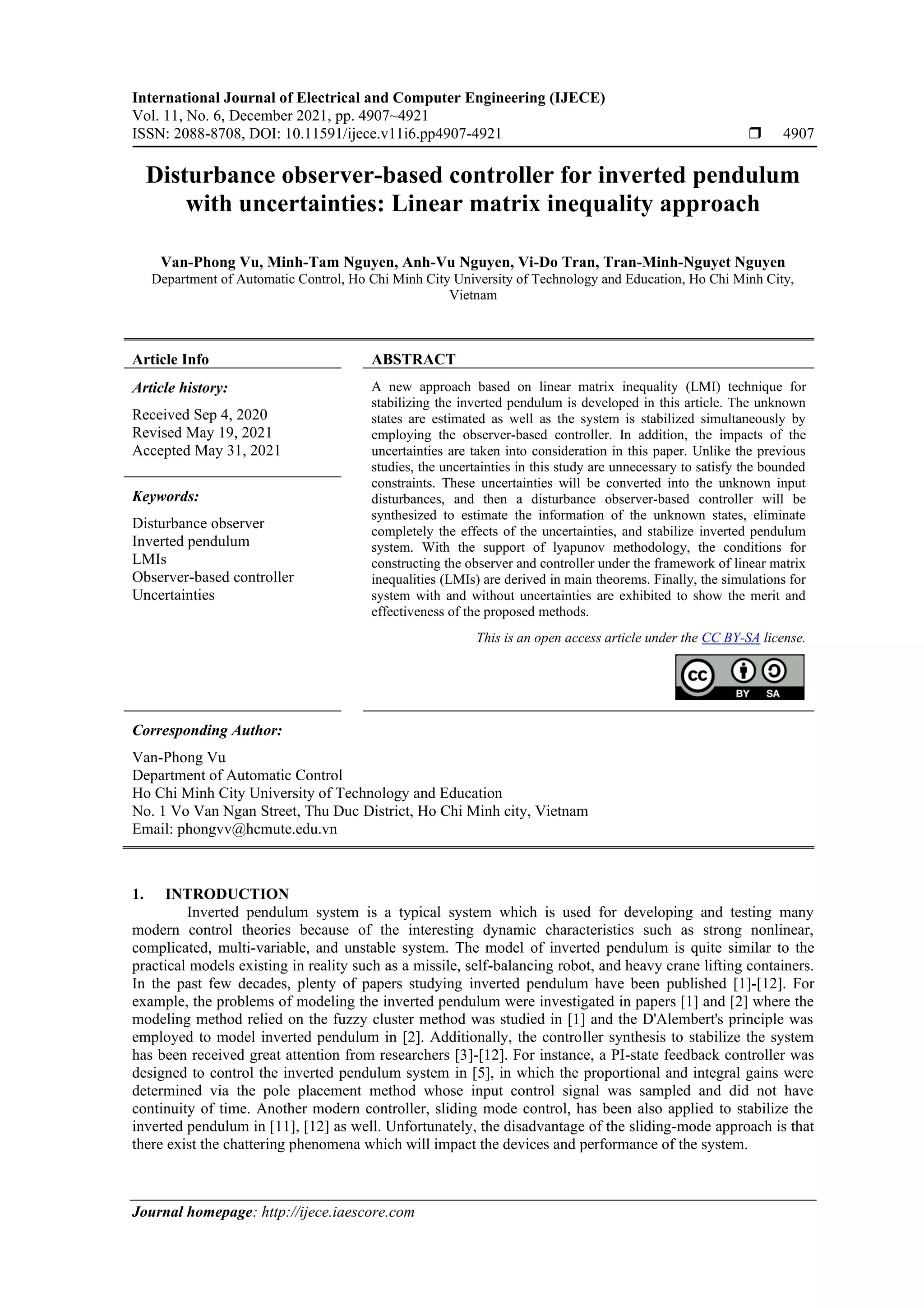 Disturbance observer-based controller for inverted pendulum with ...