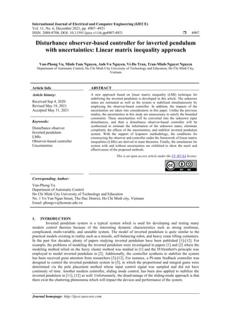 Disturbance observer-based controller for inverted pendulum with uncertainties: Linear matrix ...