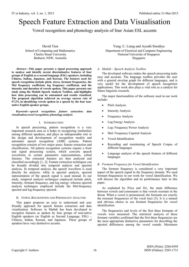 Speech Feature Extraction and Data Visualisation | PDF | Digital Audio | Computer Software and ...