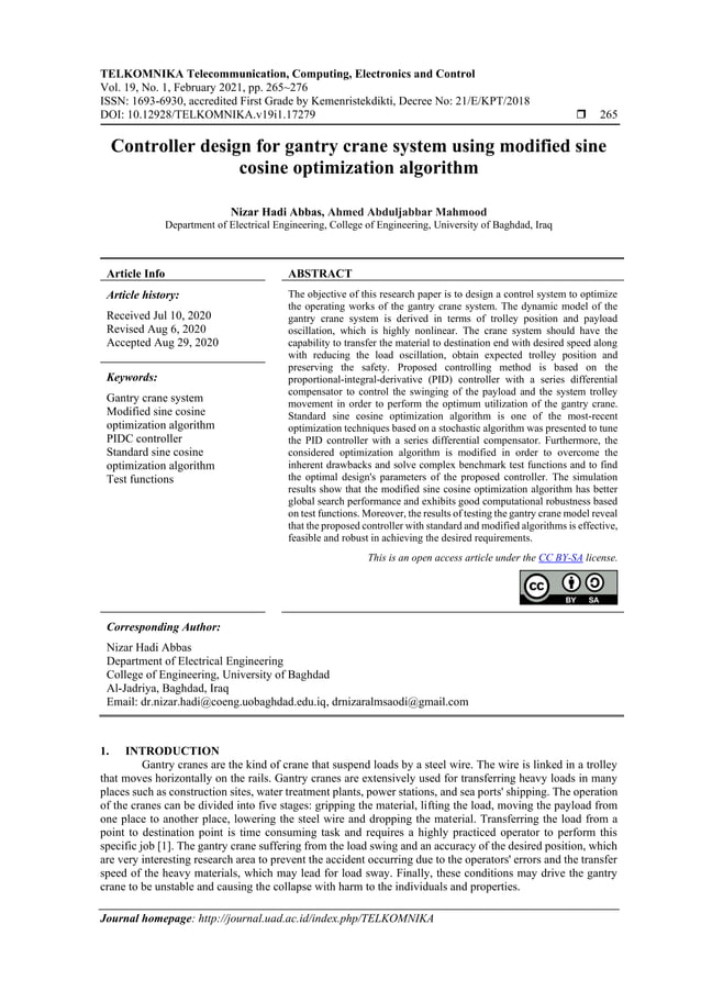 Controller Design For Gantry Crane System Using Modified Sine Cosine Optimization Algorithm Pdf