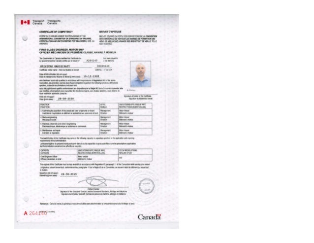 First Class Engineer Certificate of Competency-Srinivas- Transport Canada