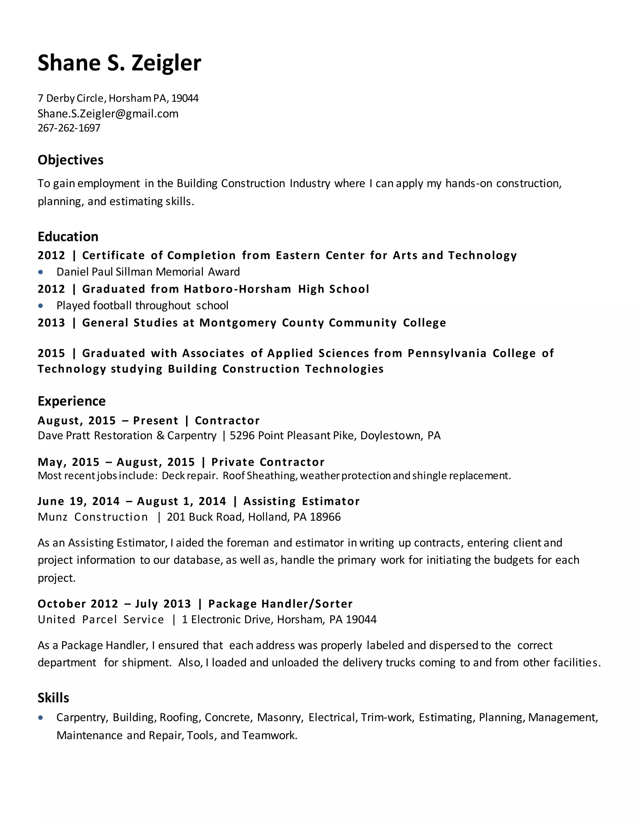 Shane S Zeigler Resume 2016 | DOCX | Construction Industry | Industries