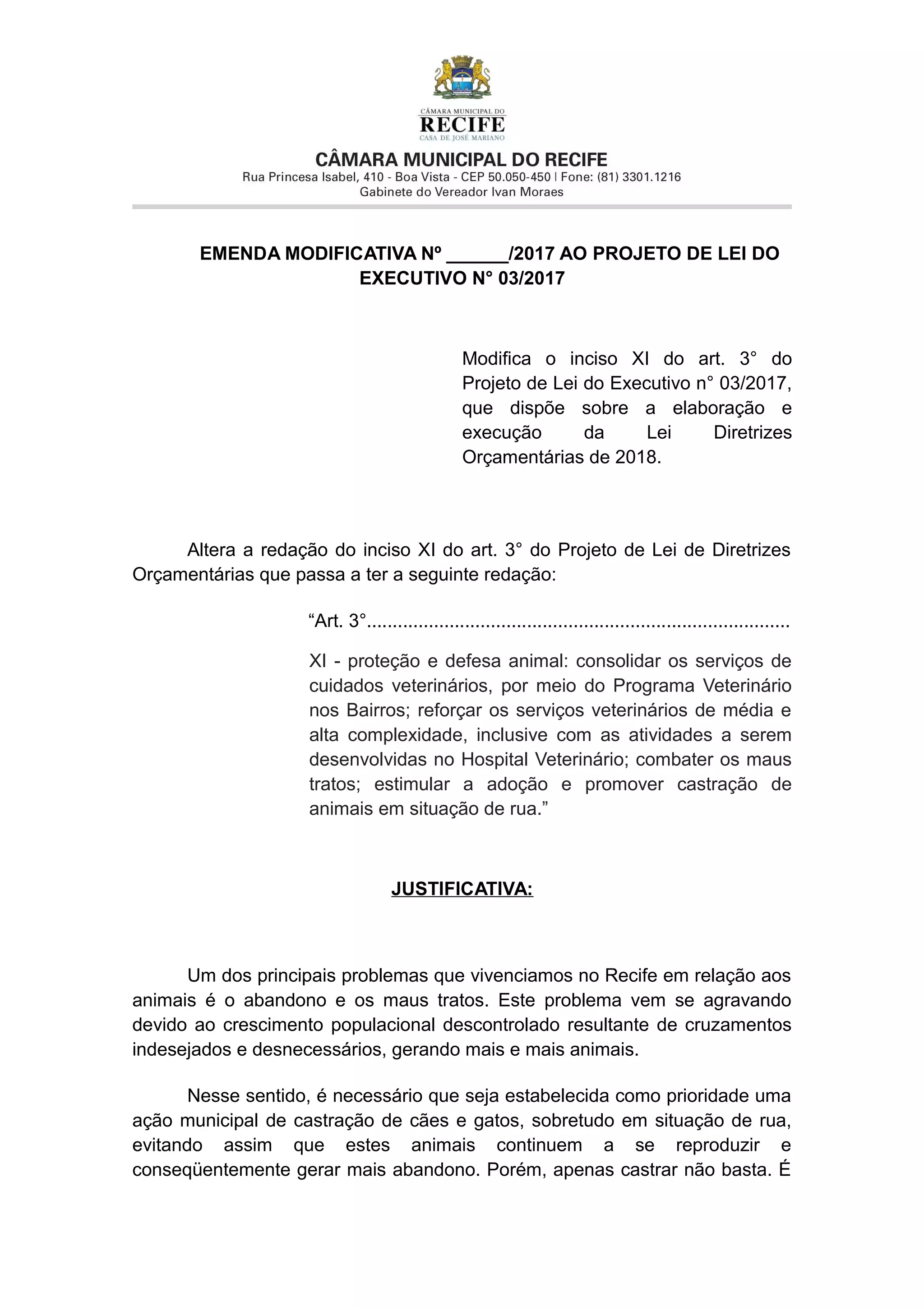 LDO 2018- Emenda modificativa - Proteção e defesa animal | DOC