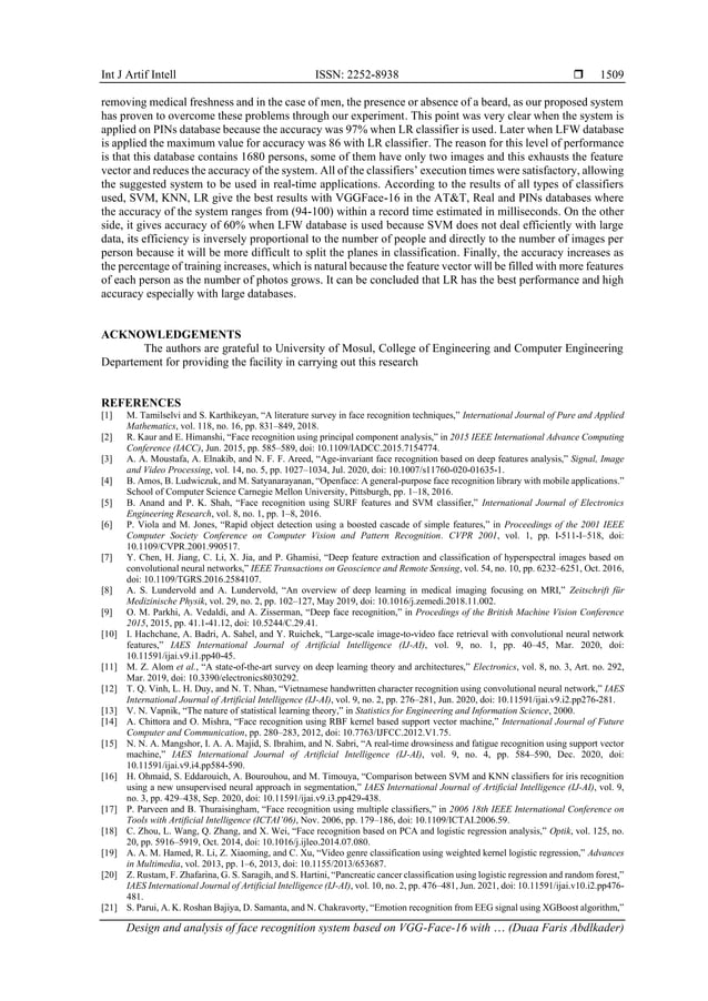 Design and analysis of face recognition system based on VGG-Face-16 with various classifiers | PDF