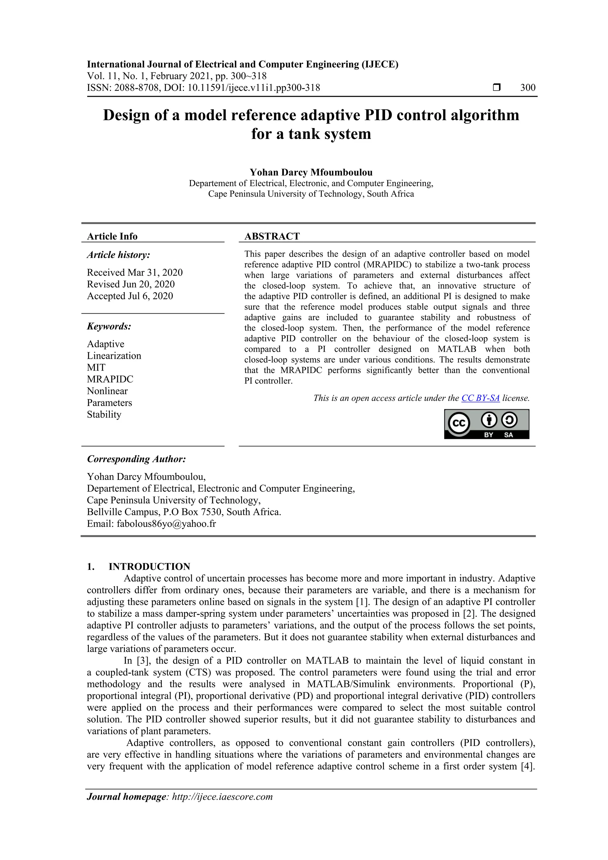 Design of a model reference adaptive PID control algorithm for a tank system | PDF