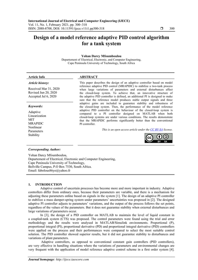 Design of a model reference adaptive PID control algorithm for a tank ...