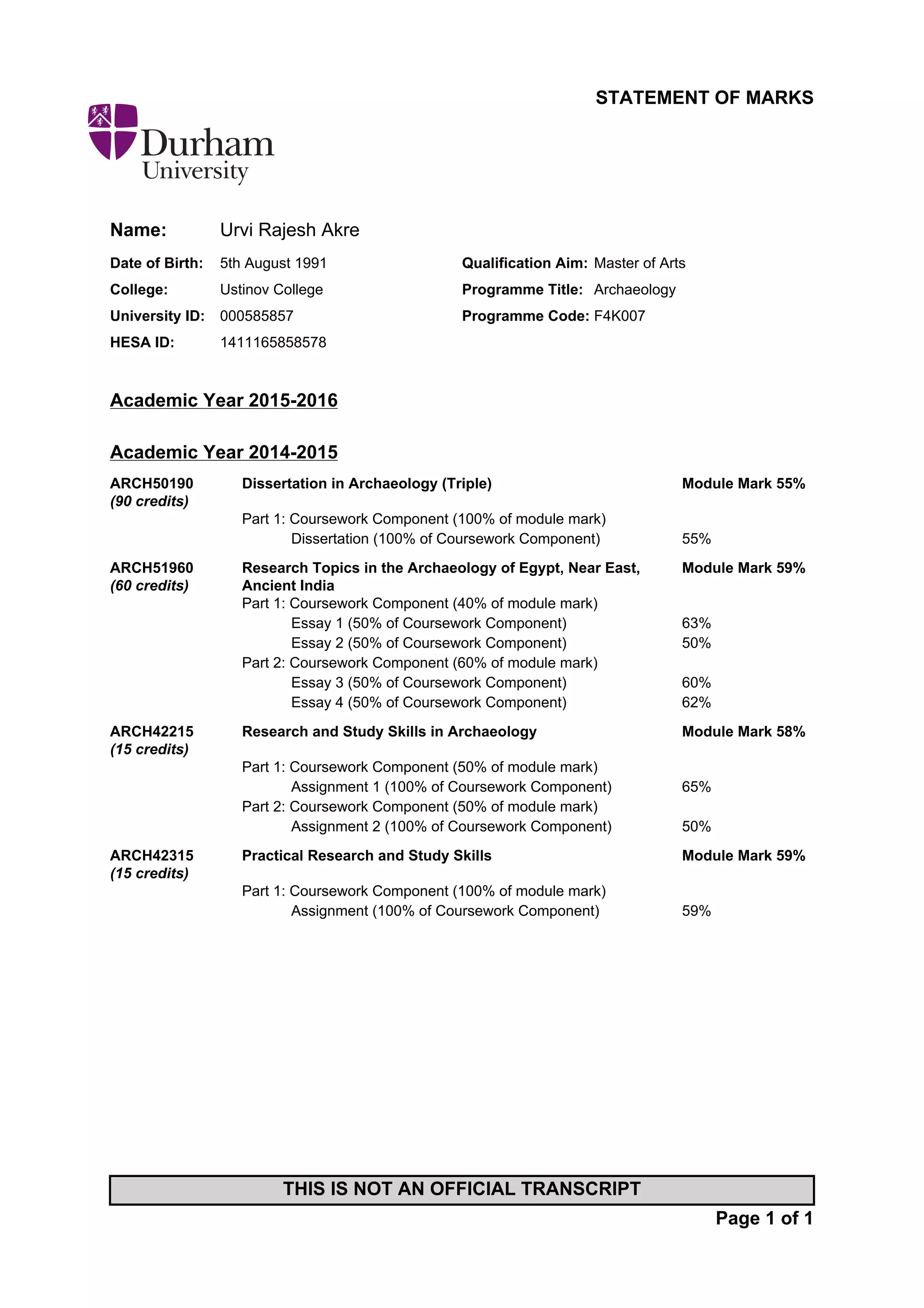 Durham Marksheet | PDF