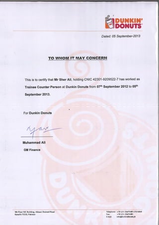 Dunkin Donuts Experiance Certificate | PDF