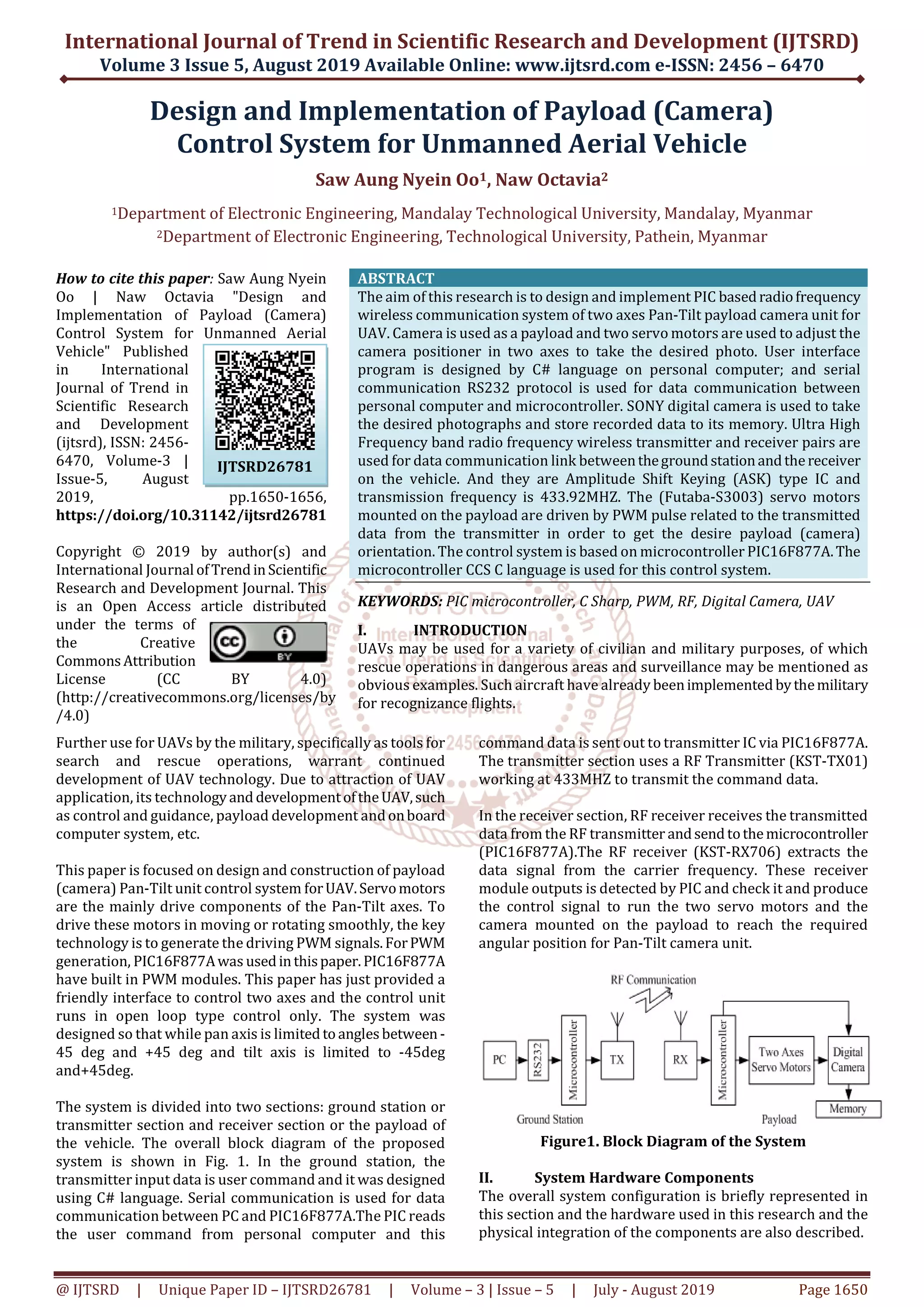 Design and Implementation of Payload Camera Control System for Unmanned Aerial Vehicle | PDF