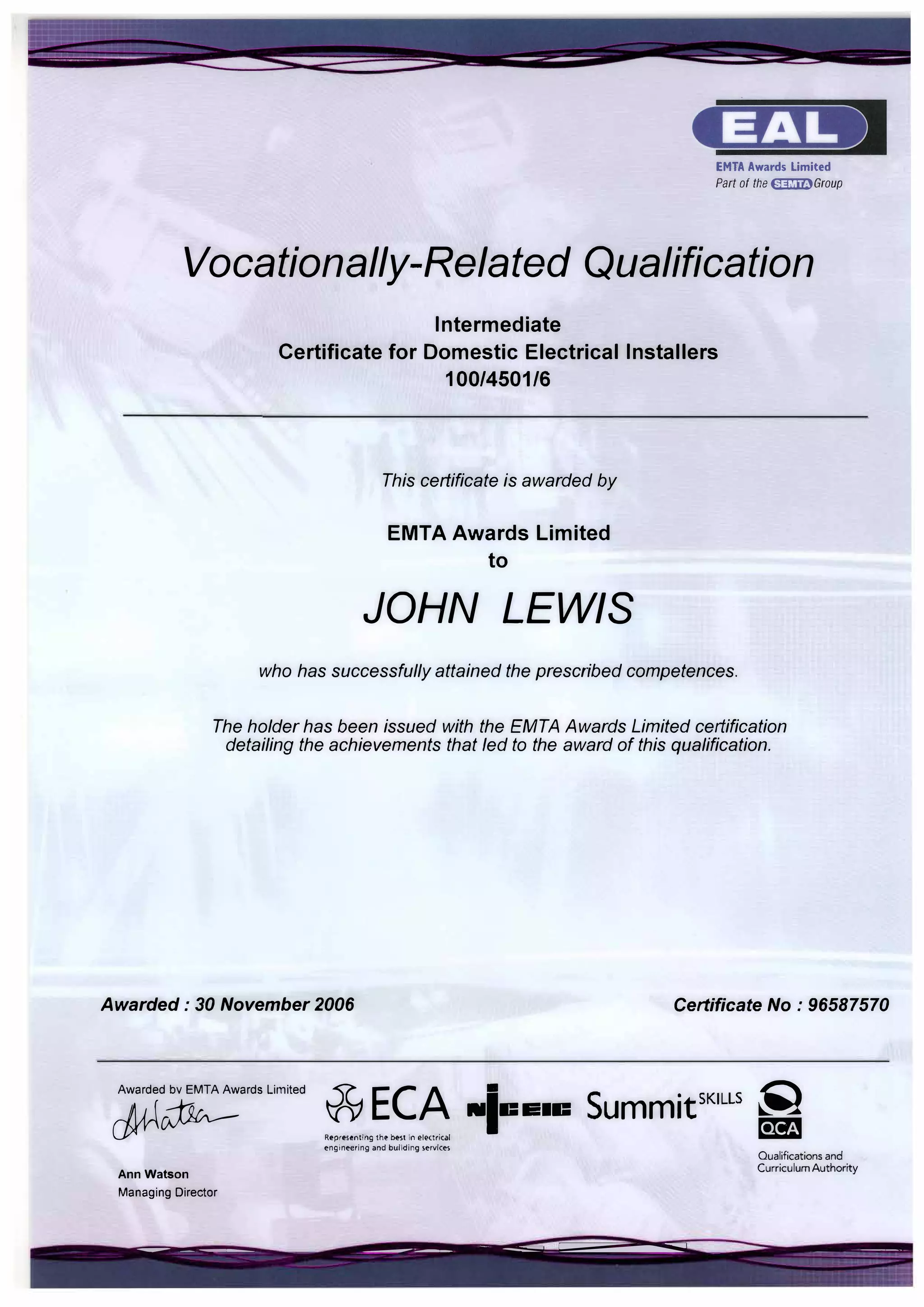 2006-11 - EAL - Intermediate Certificate for Domestic Electrical ...