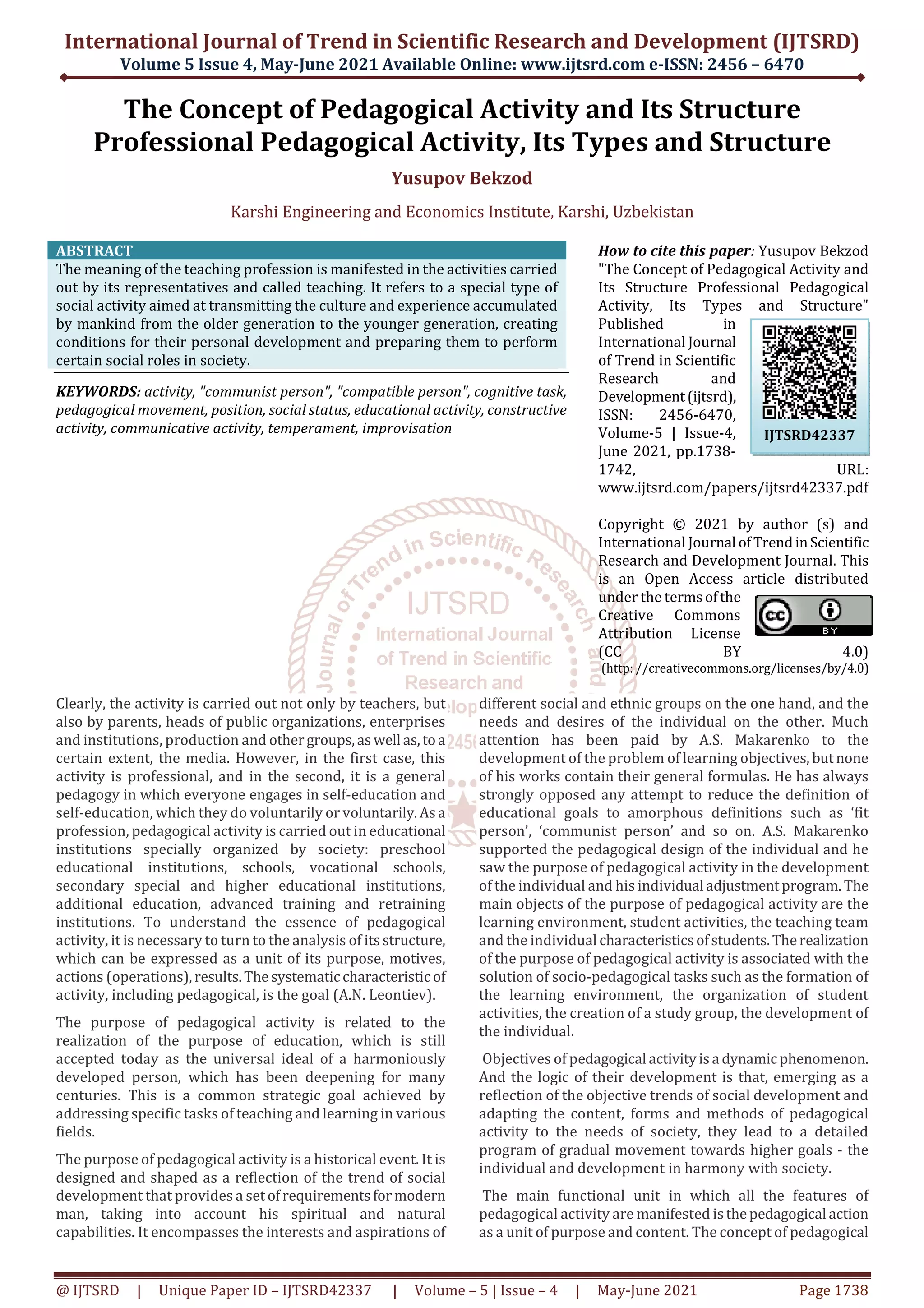 The Concept of Pedagogical Activity and Its Structure Professional ...