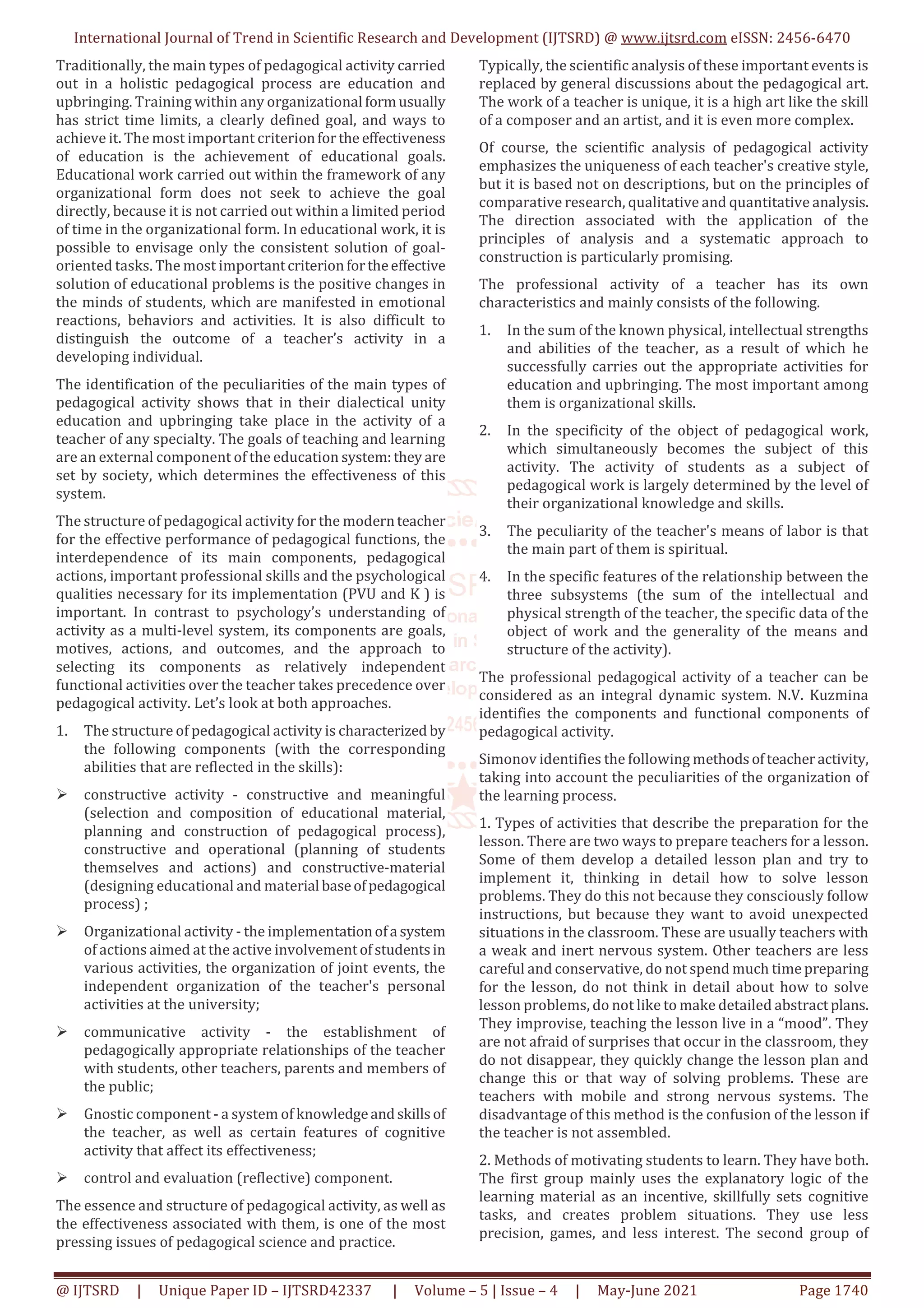 The Concept of Pedagogical Activity and Its Structure Professional Pedagogical Activity, Its ...